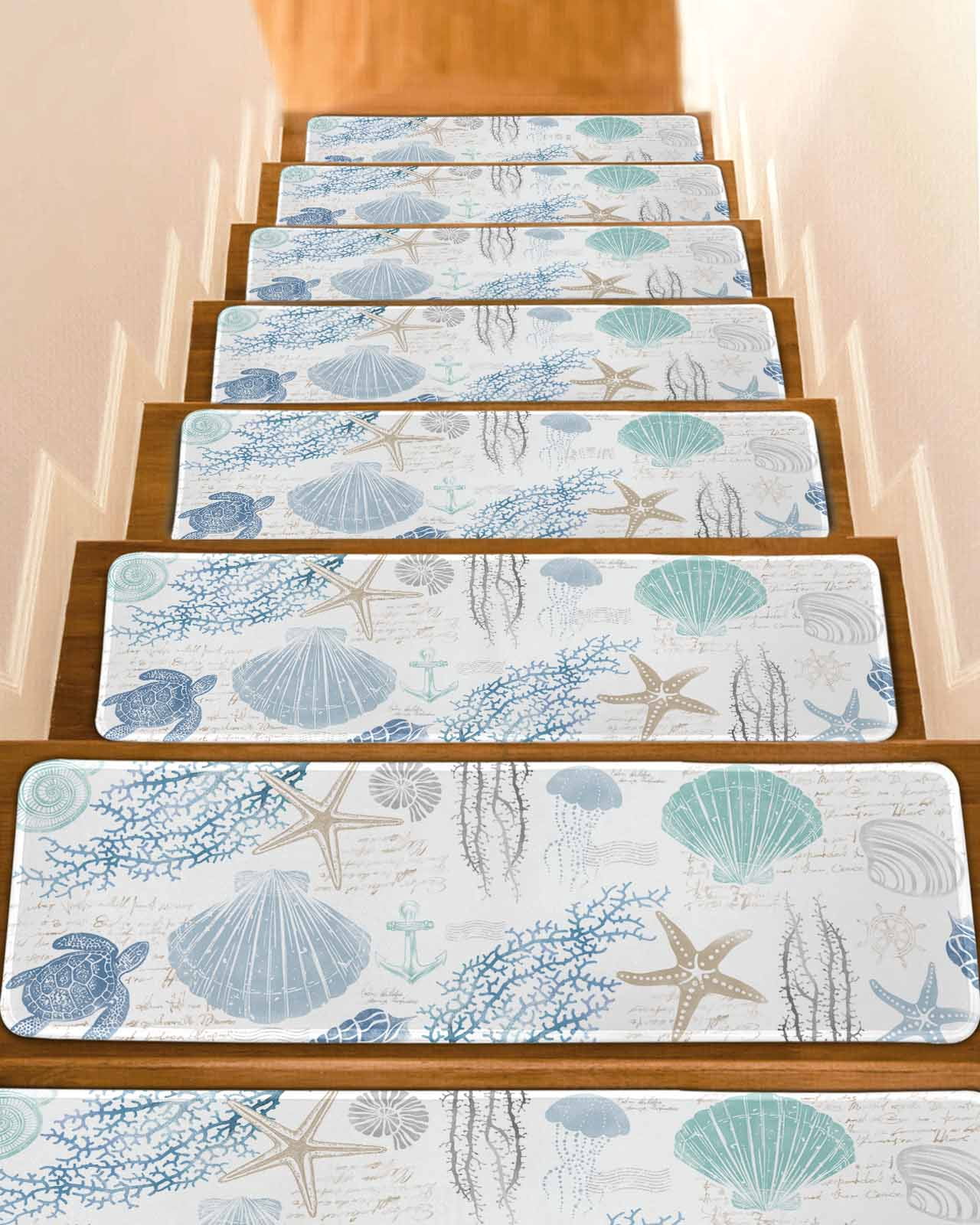 Stair Treads for Wooden Steps, Blue Coastal Nautical Peel Stick Stair ...