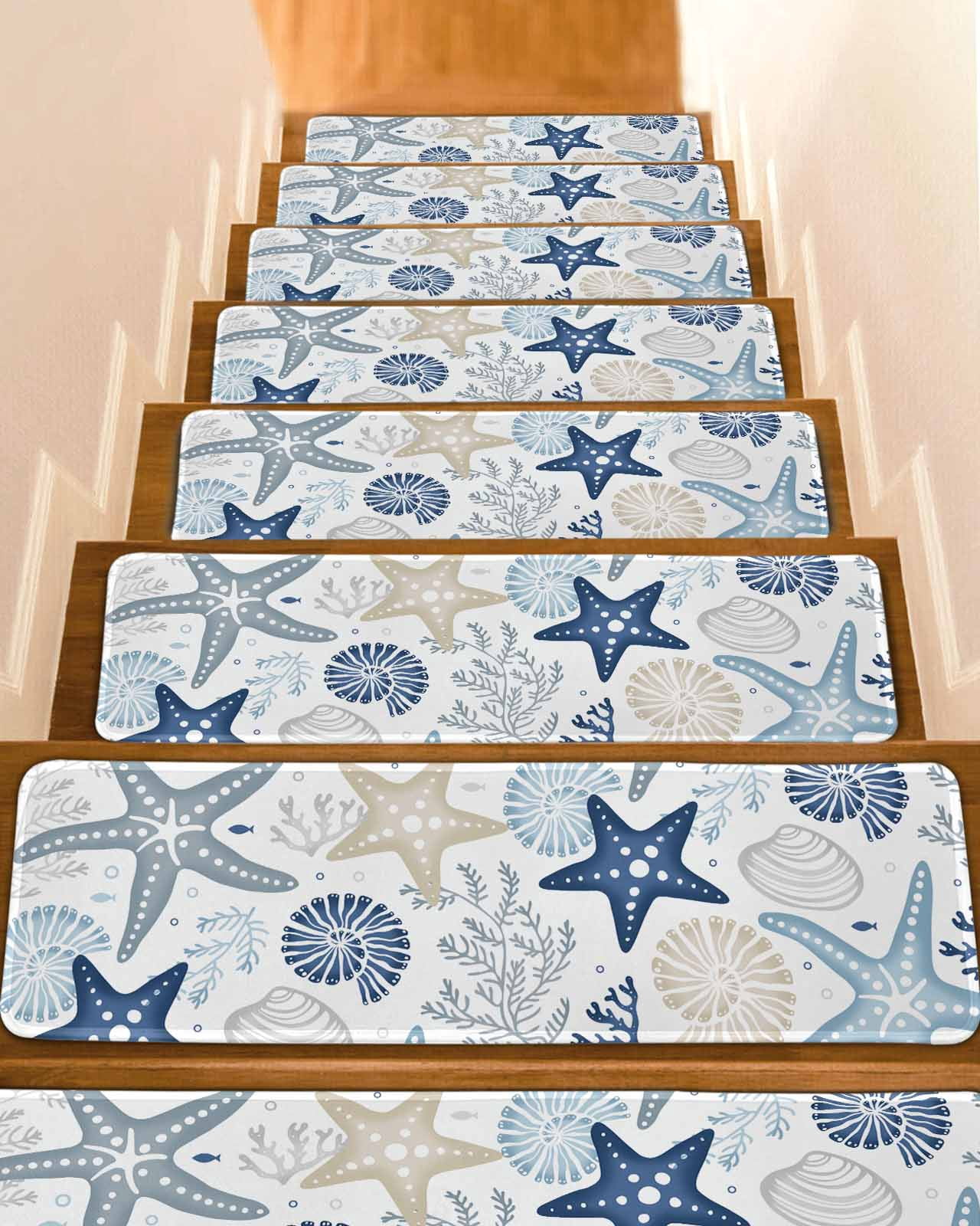 Stair Treads for Wooden Steps, Blue Starfish Coastal Peel and Stick ...