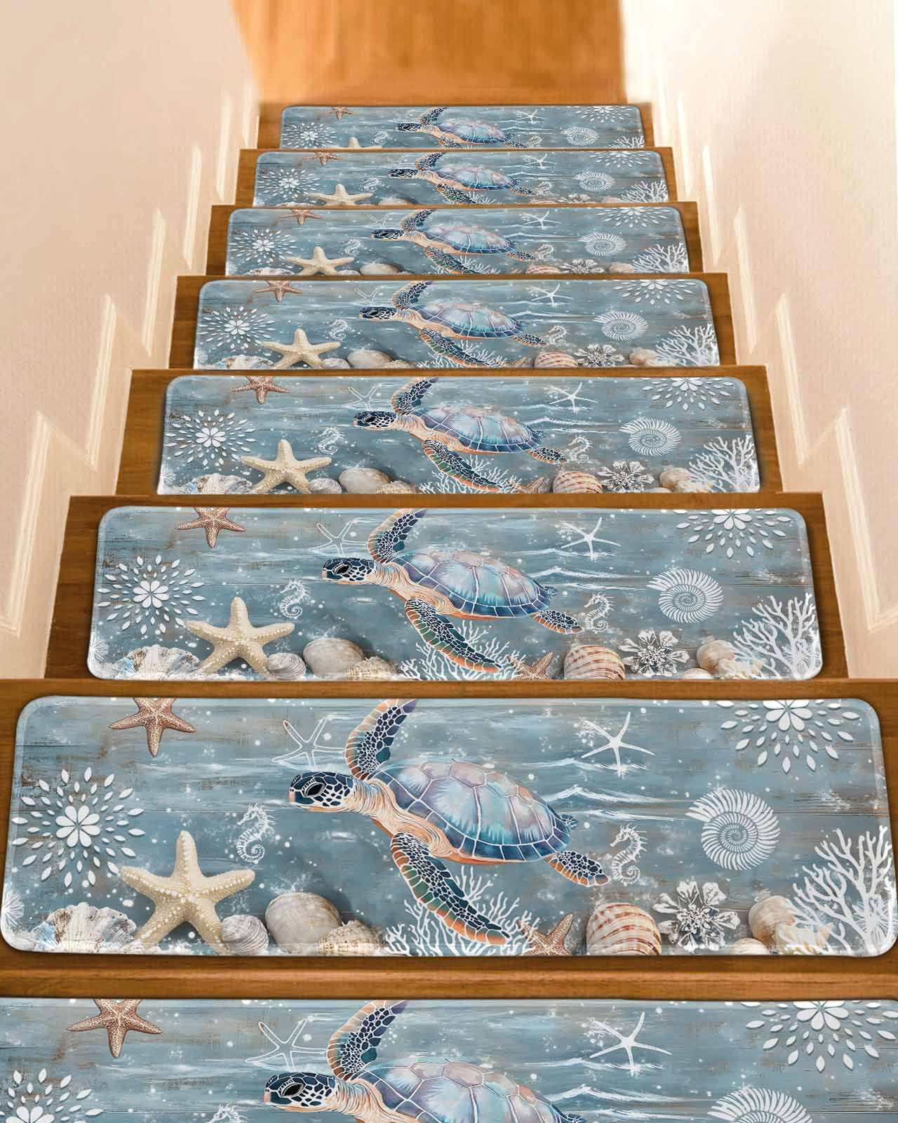Stair Treads for Wooden Steps, Blue Turtle Coastal Peel and Stick Stair ...