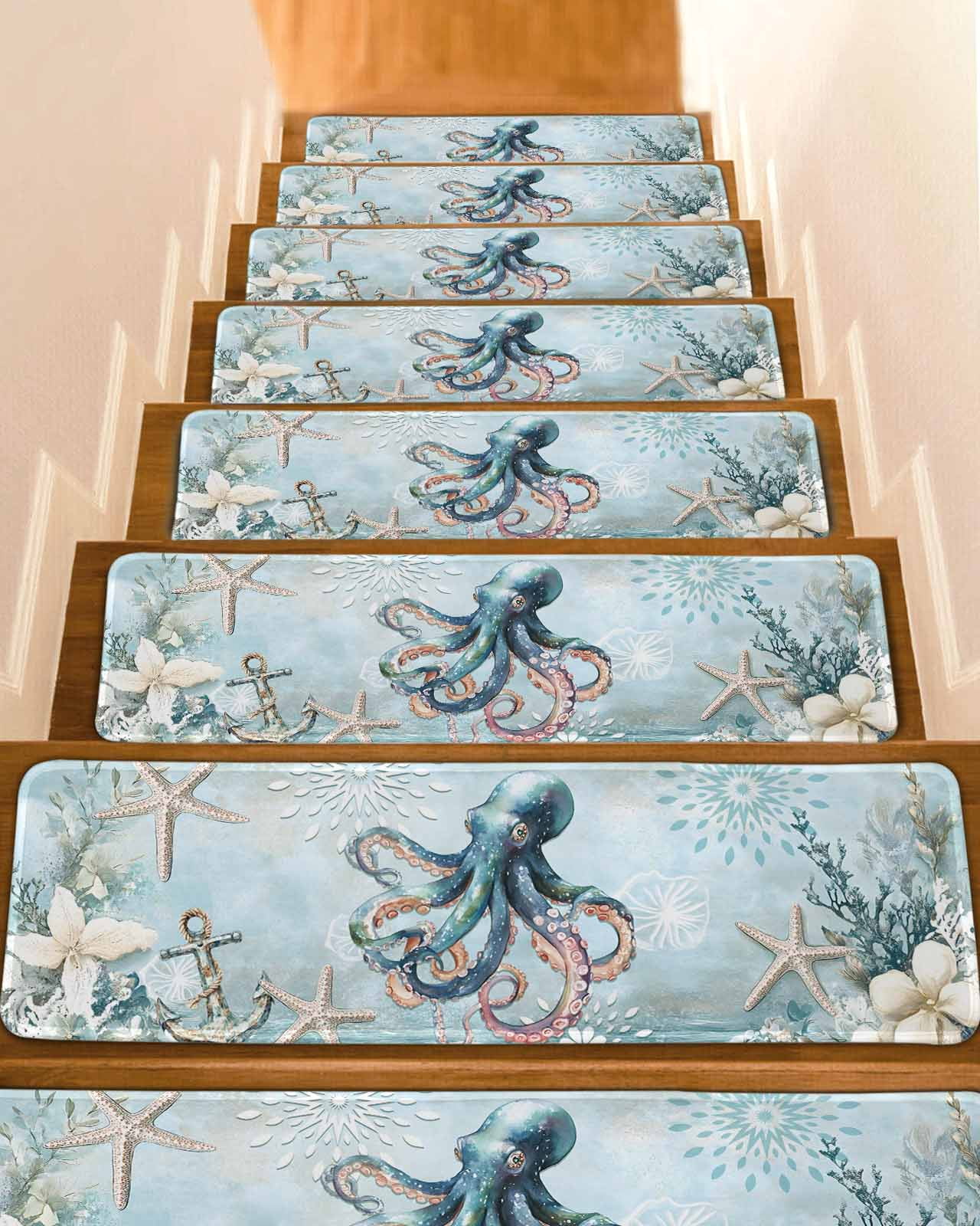 Stair Treads for Wooden Steps, Coastal Octopus Peel and Stick Stair ...