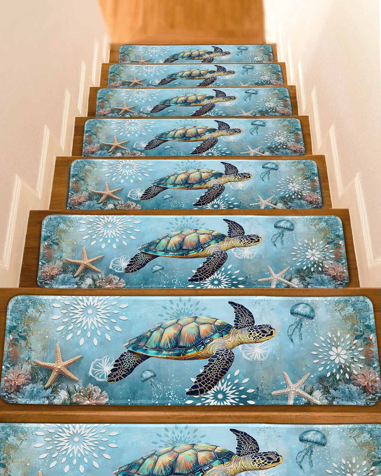 Stair Treads for Wooden Steps, Coastal Sea Turtle Peel and Stick Stair ...