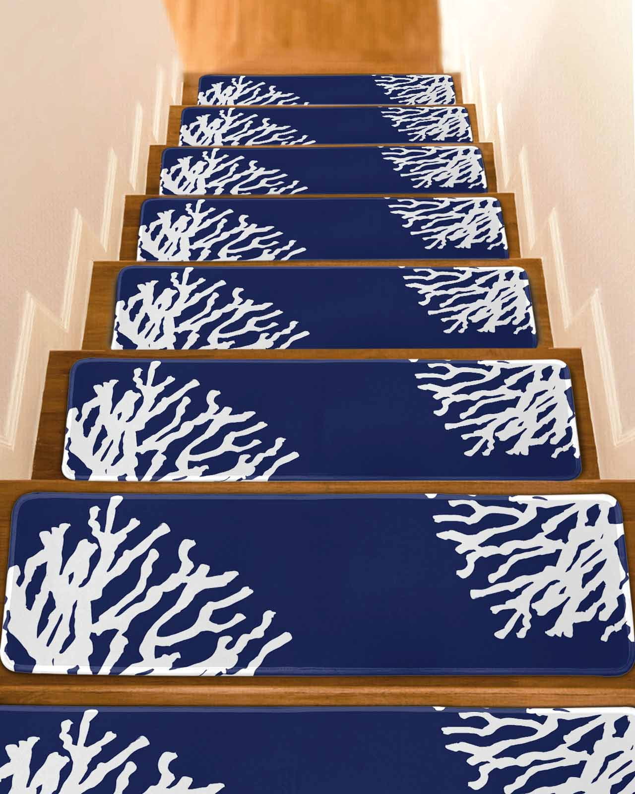 Stair Treads for Wooden Steps, Coral Navy Blue Peel and Stick Stair ...
