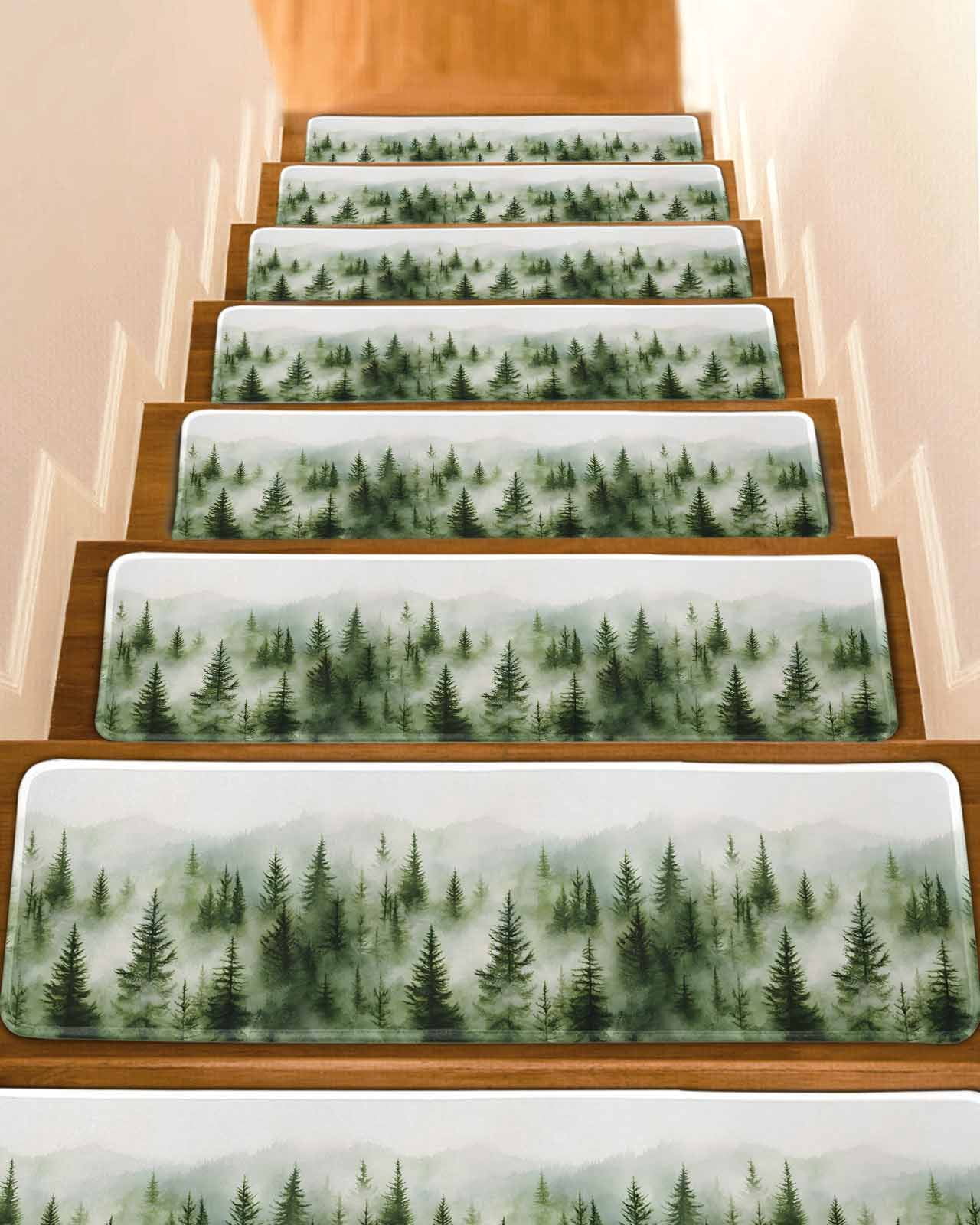 Stair Treads for Wooden Steps, Green Mist Forest Peel and Stick Stair ...