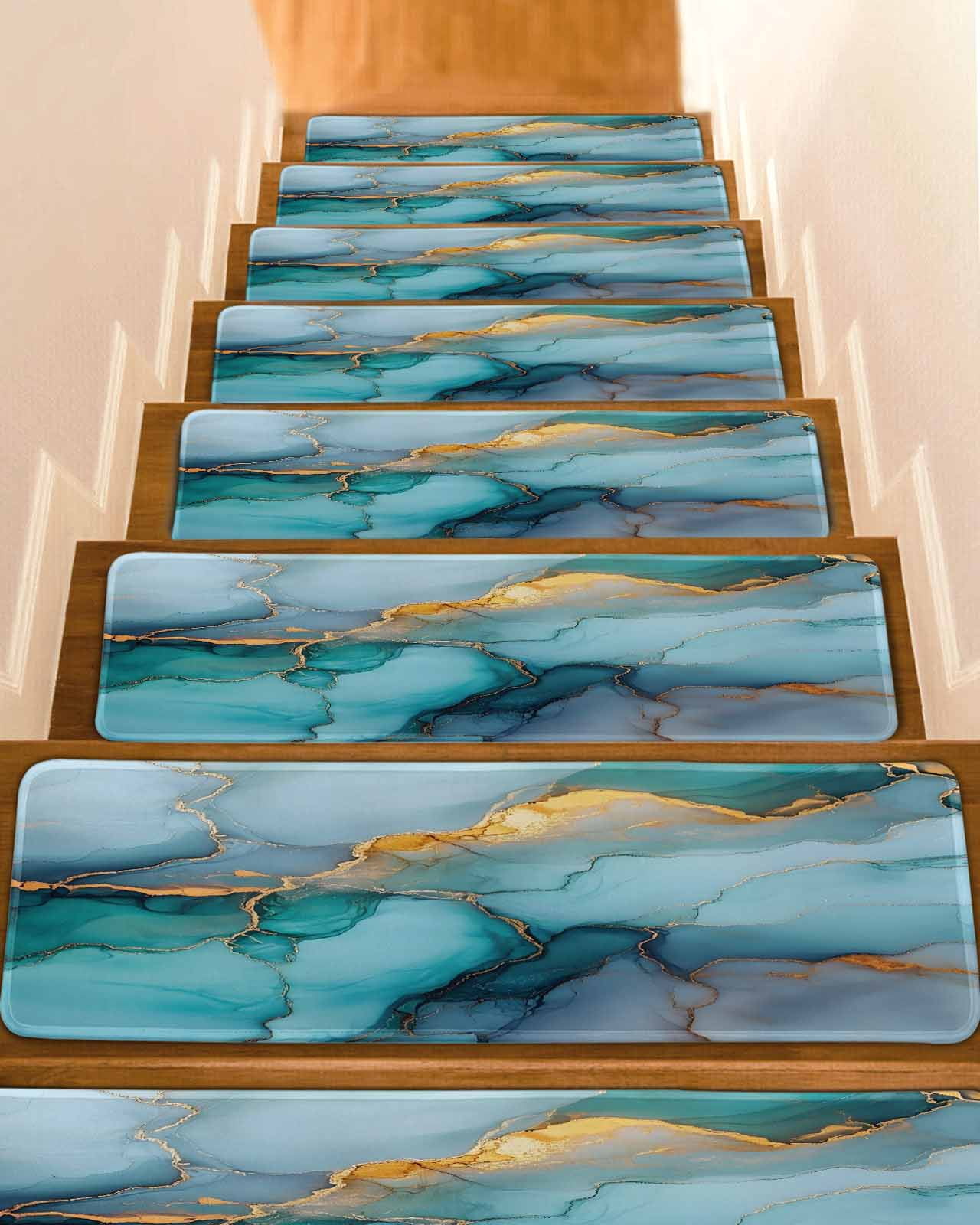 Stair Treads for Wooden Steps, Marble Teal Peel and Stick Stair Treads ...