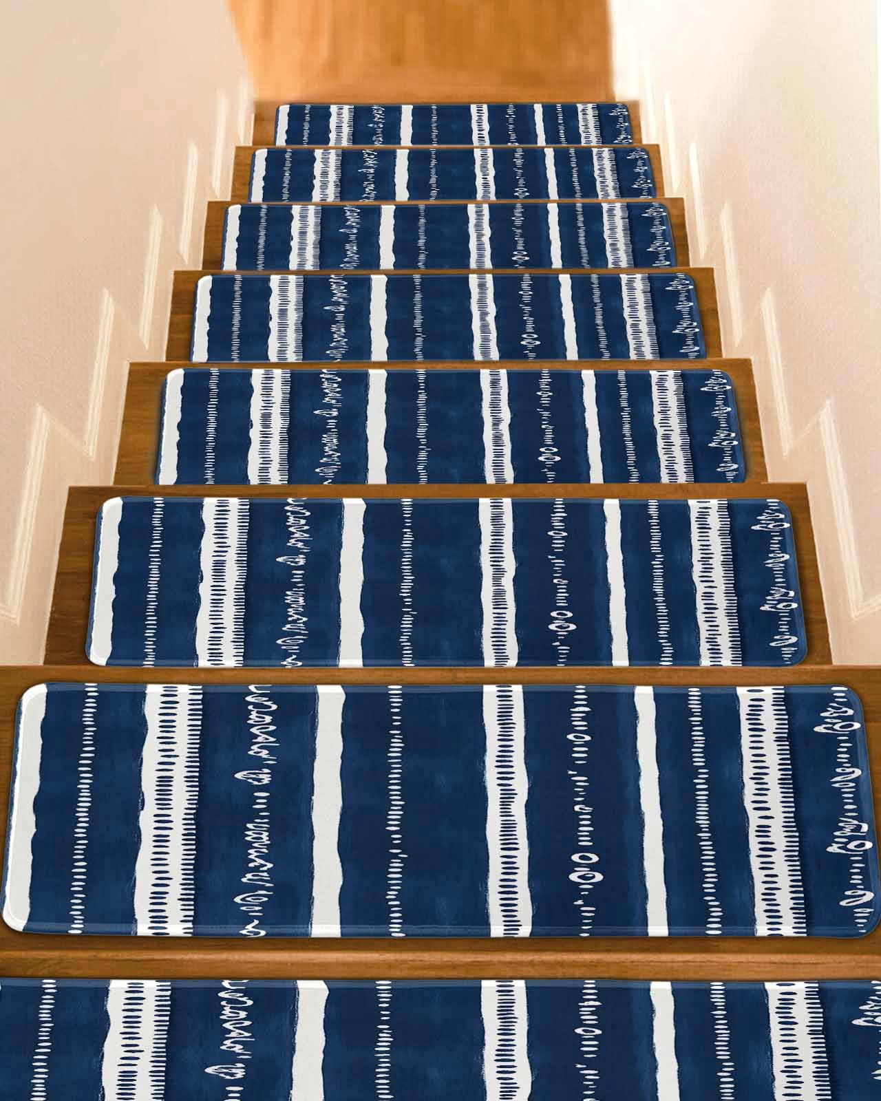 Stair Treads for Wooden Steps, Navy Blue Boho Peel and Stick Stair ...