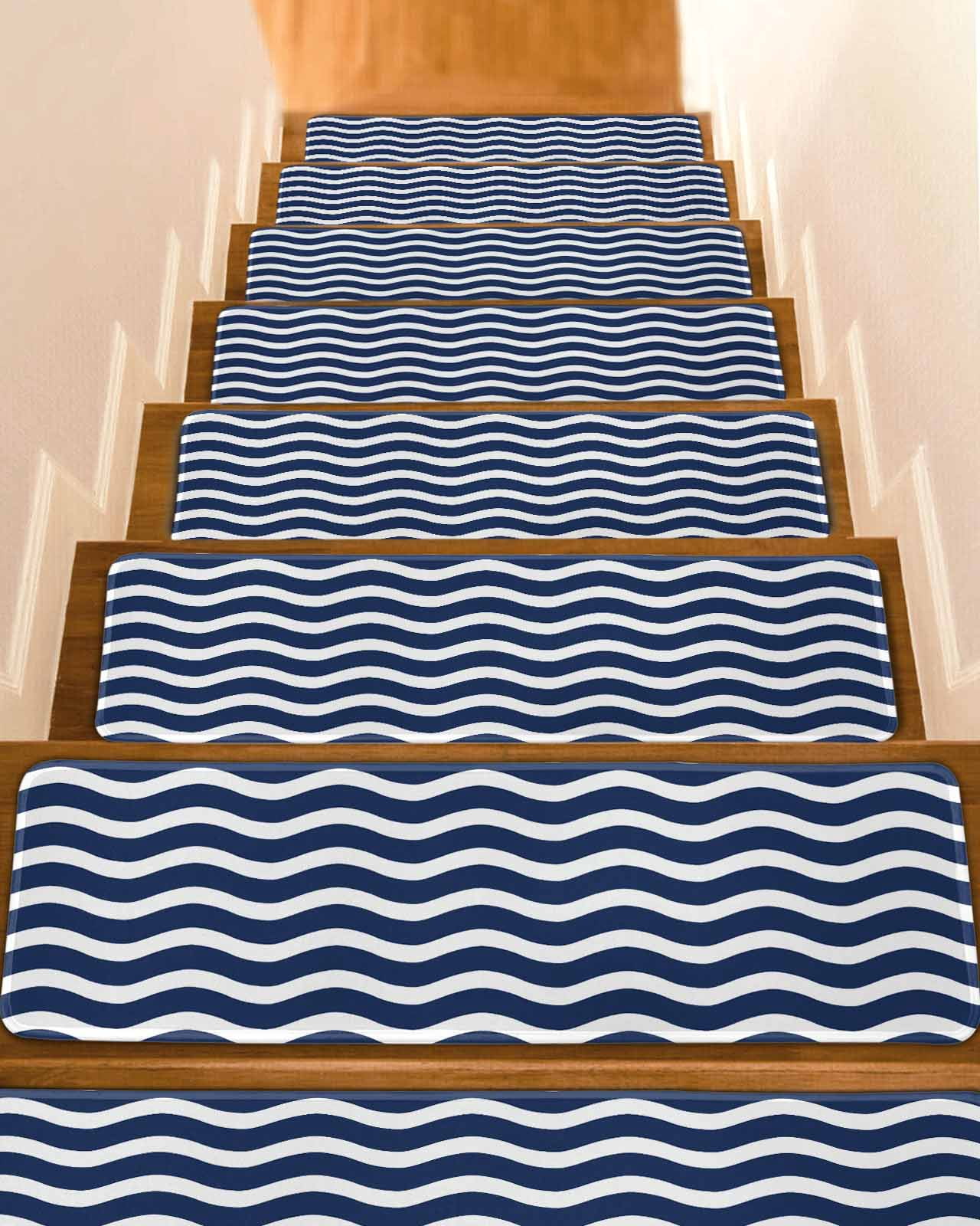 Stair Treads for Wooden Steps, Navy Blue Moire Peel and Stick Stair ...