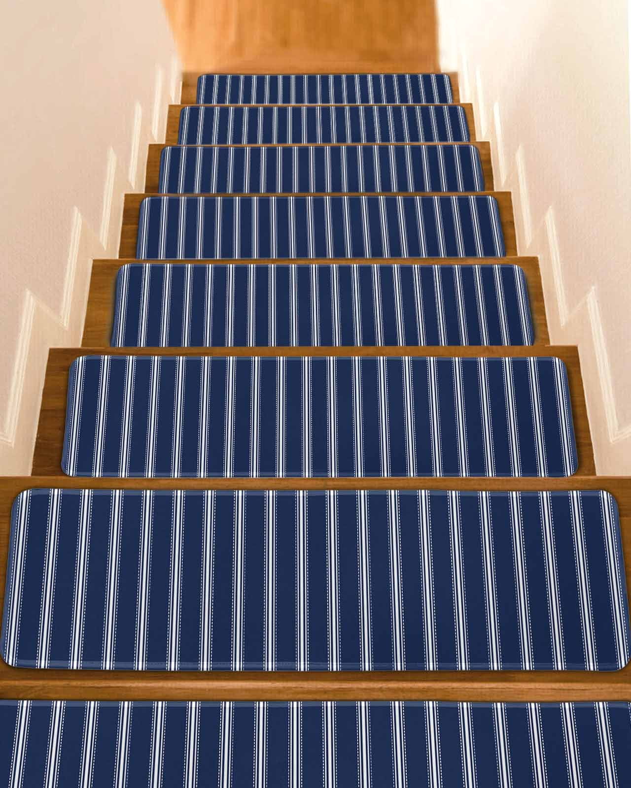 Stair Treads for Wooden Steps, Navy Blue Striped Peel and Stick Stair ...