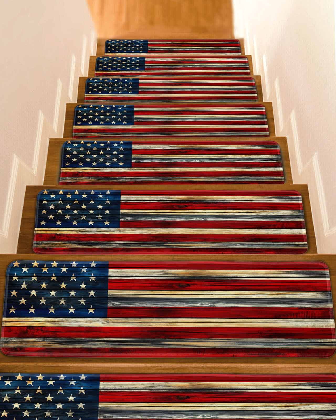 Stair Treads for Wooden Steps, Retro American Flag Peel and Stick Stair ...