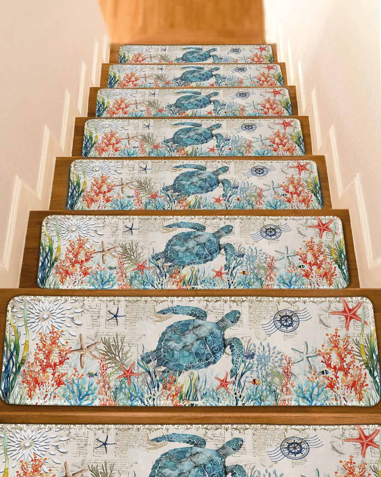 Stair Treads for Wooden Steps, Sea Turtle Coastal Peel and Stick Stair ...