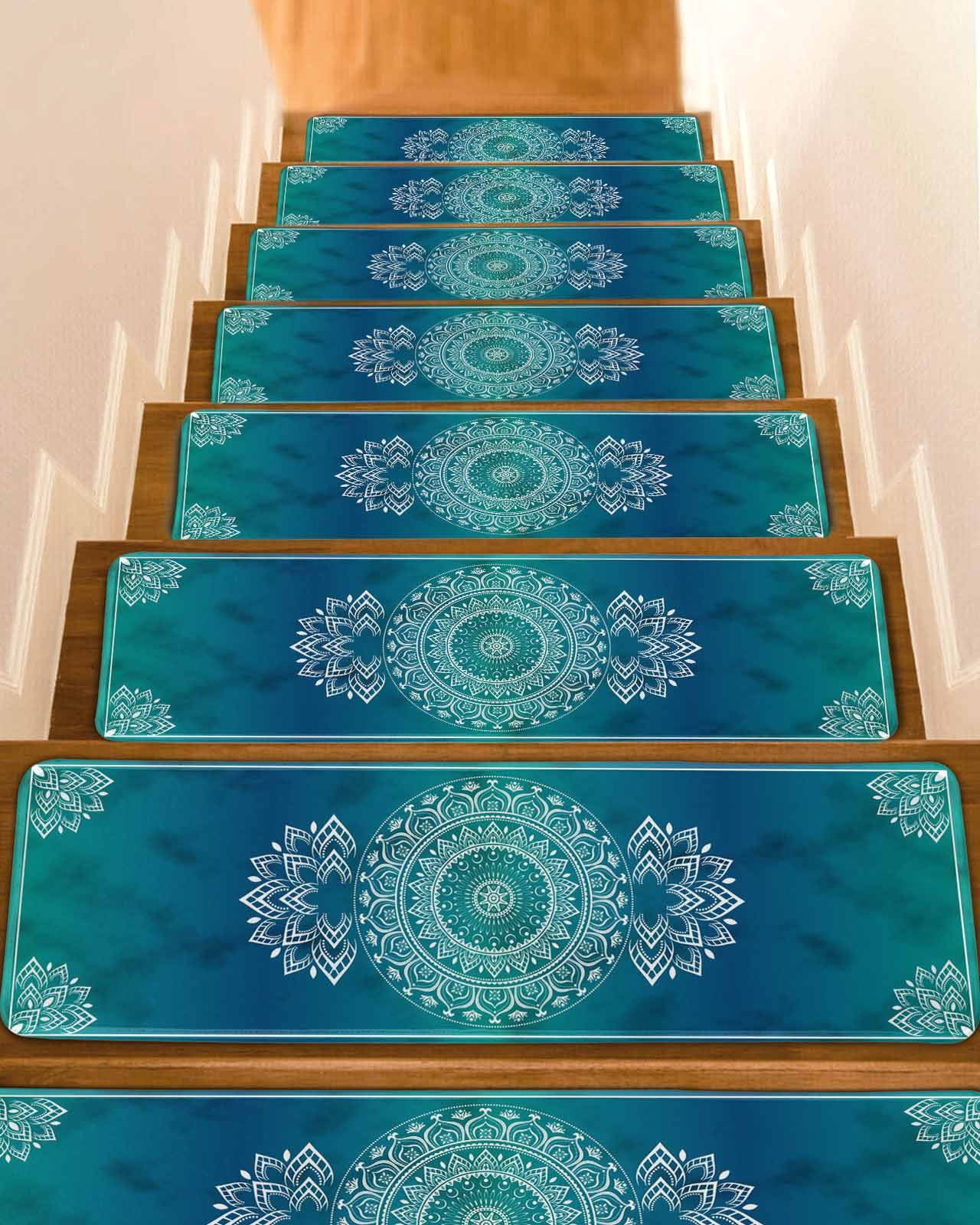 Stair Treads for Wooden Steps, Teal Blue Boho Peel and Stick Stair ...