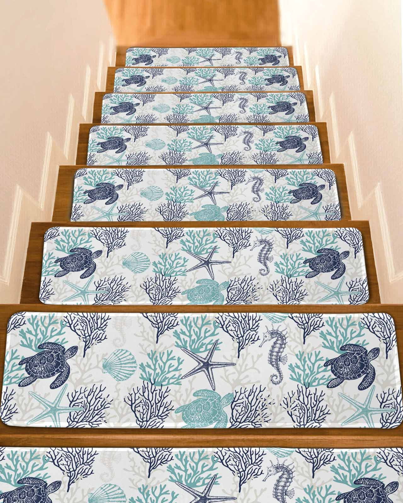 Stair Treads for Wooden Steps, Teal Blue Coastal Peel and Stick Stair ...