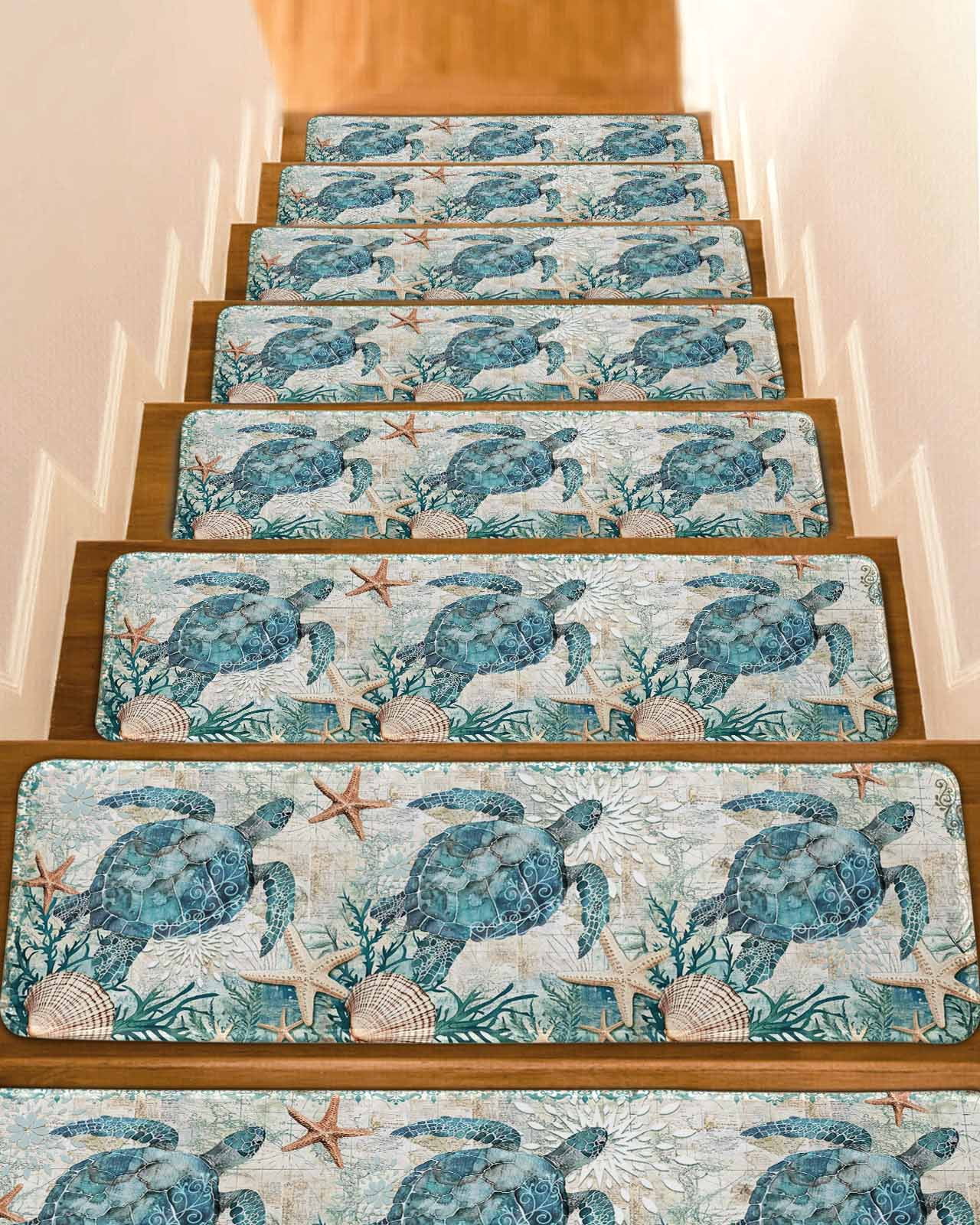 Stair Treads for Wooden Steps, Teal Coastal Turtle Peel and Stick Stair ...