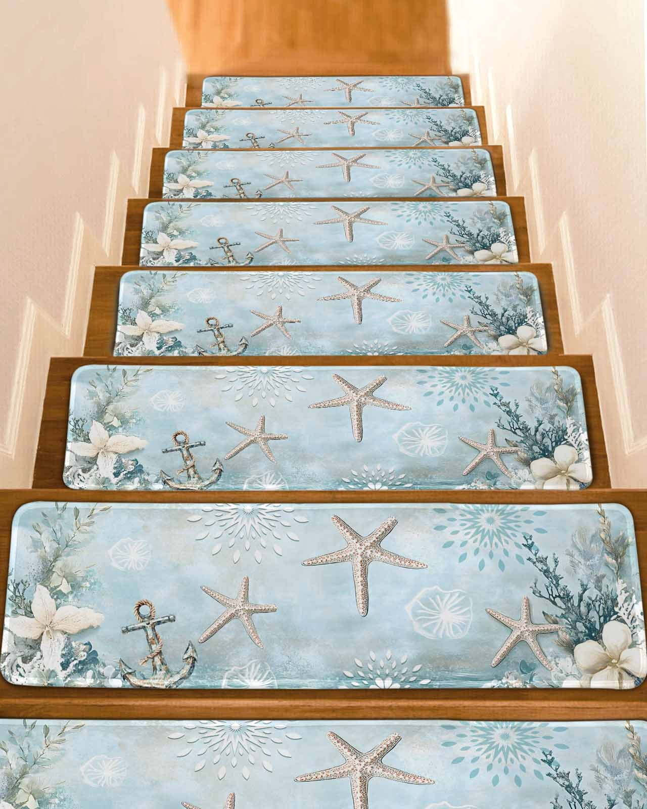 Stair Treads for Wooden Steps, Teal Ocean Coastal Peel and Stick Stair ...