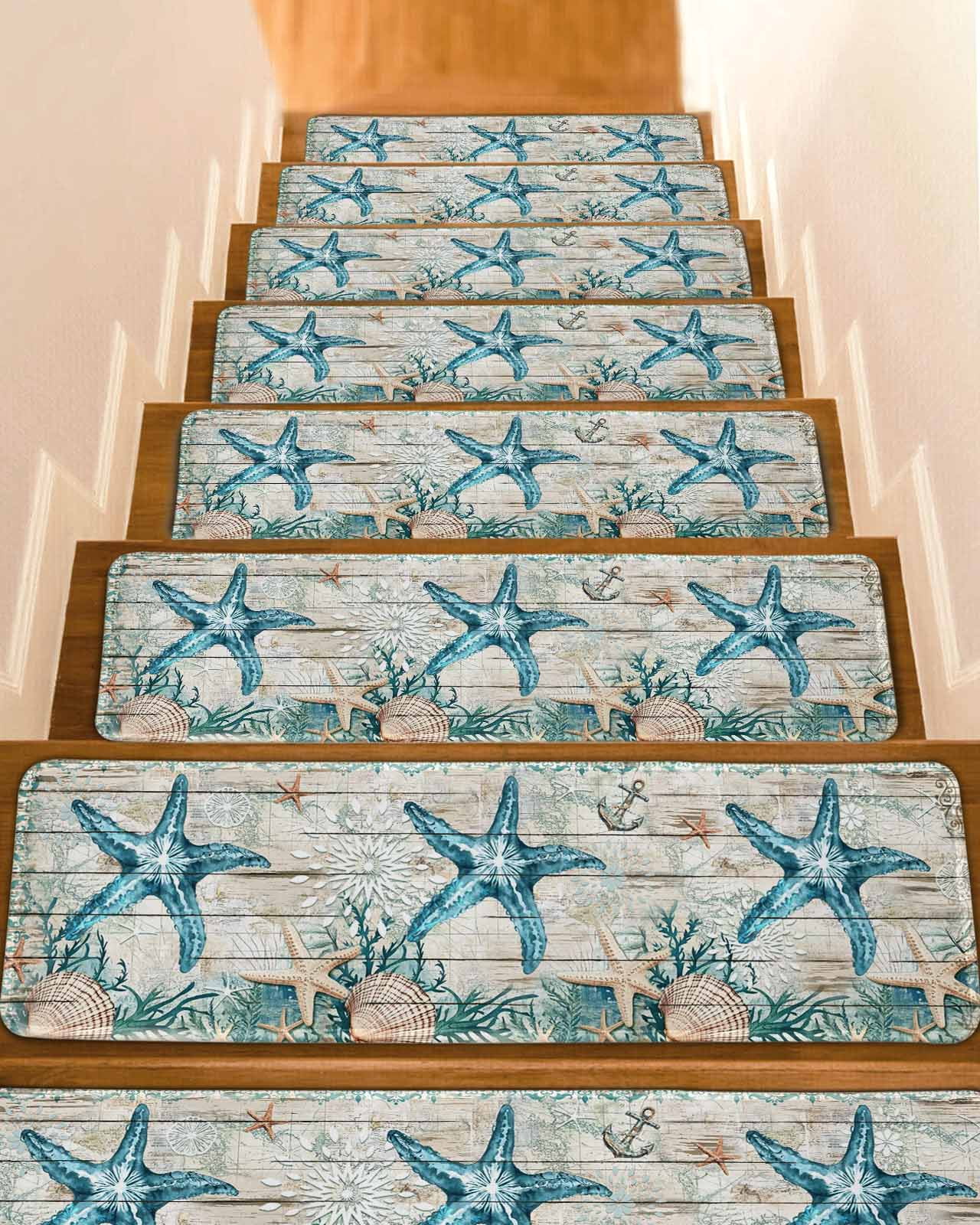 Stair Treads for Wooden Steps, Teal Starfish Coastal Peel and Stick ...