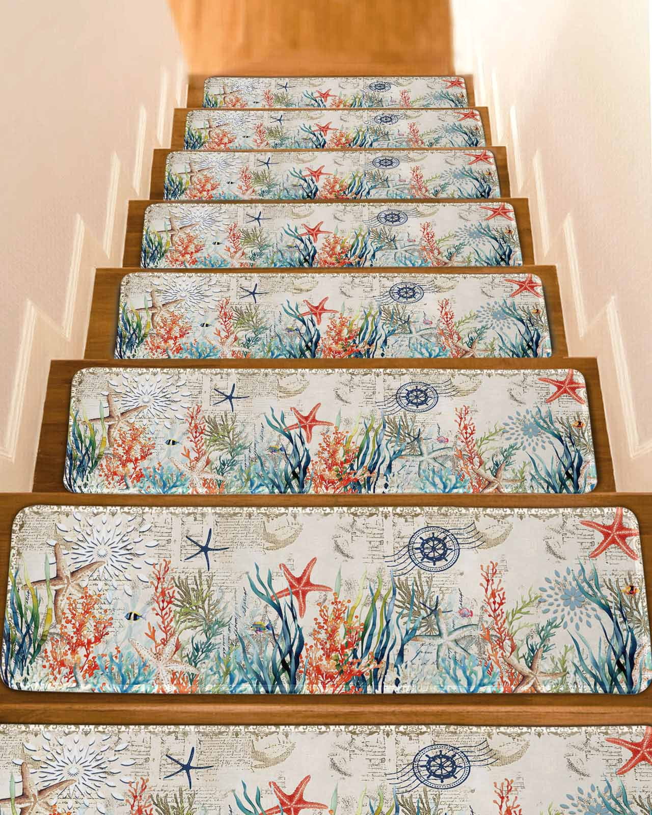 Stair Treads for Wooden Steps, Vintage Coastal Peel and Stick Stair ...