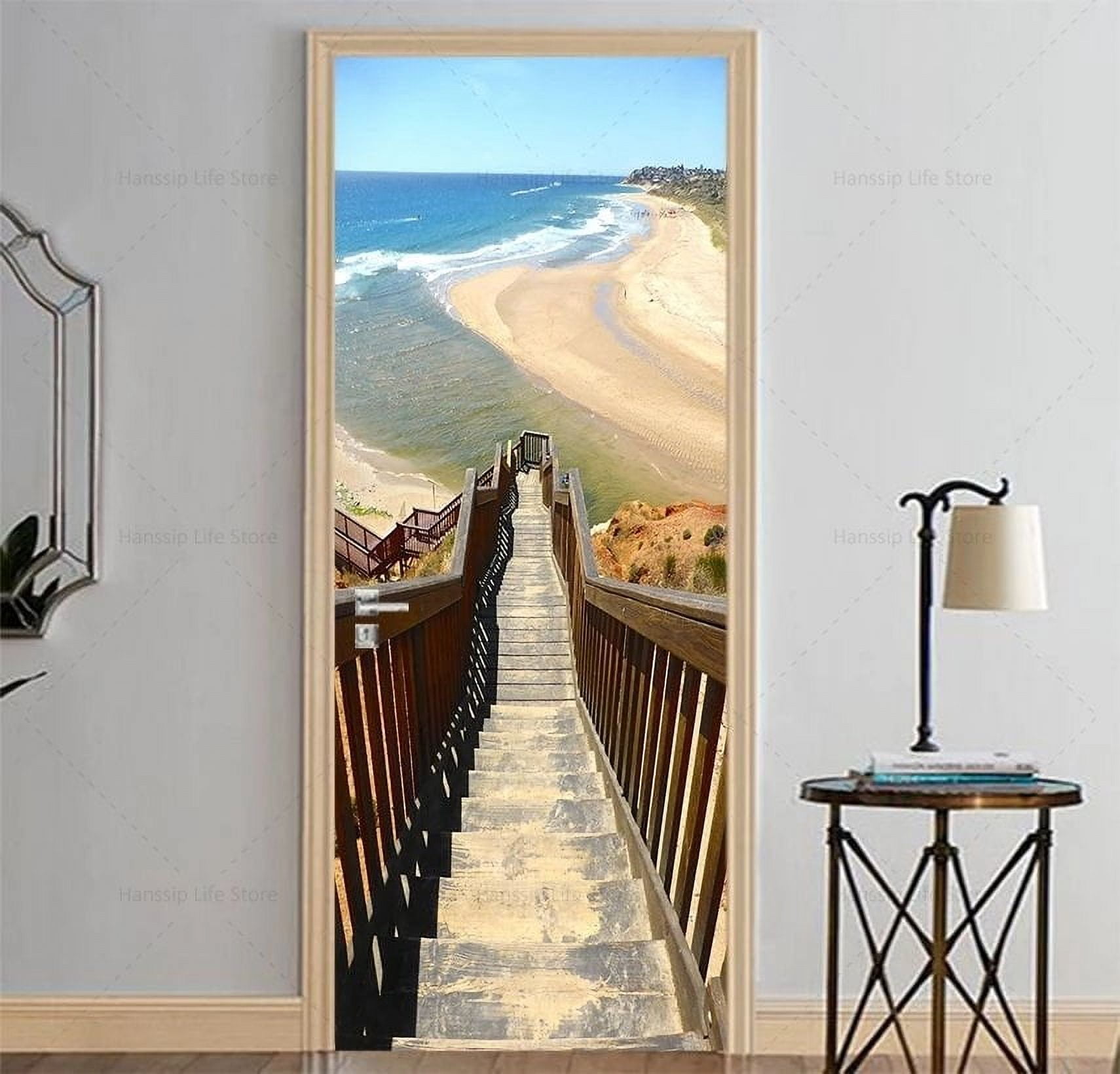 Staircase Art Door Sticker Beach Scenery Wallpaper Vinyl PVC Waterproof ...