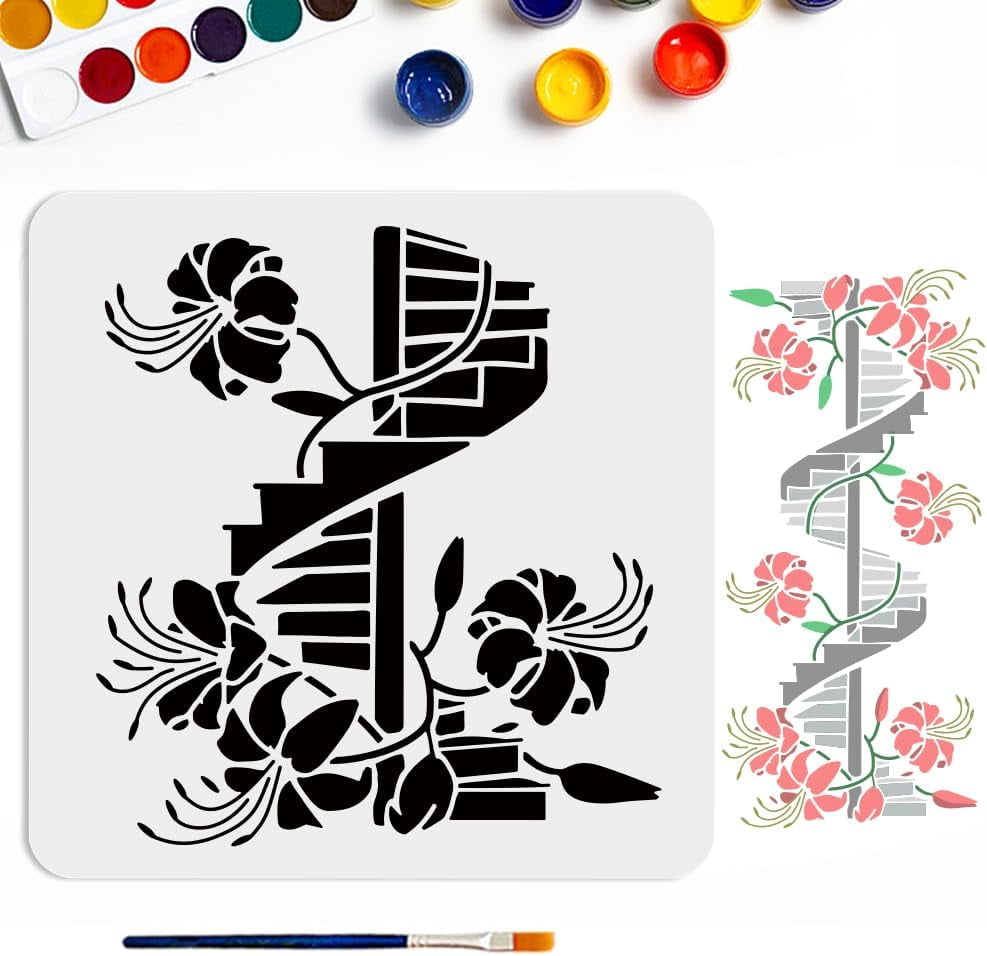 Stairs Flower Stencil 11.8×11.8inch Large Staircases Flower Stencils ...
