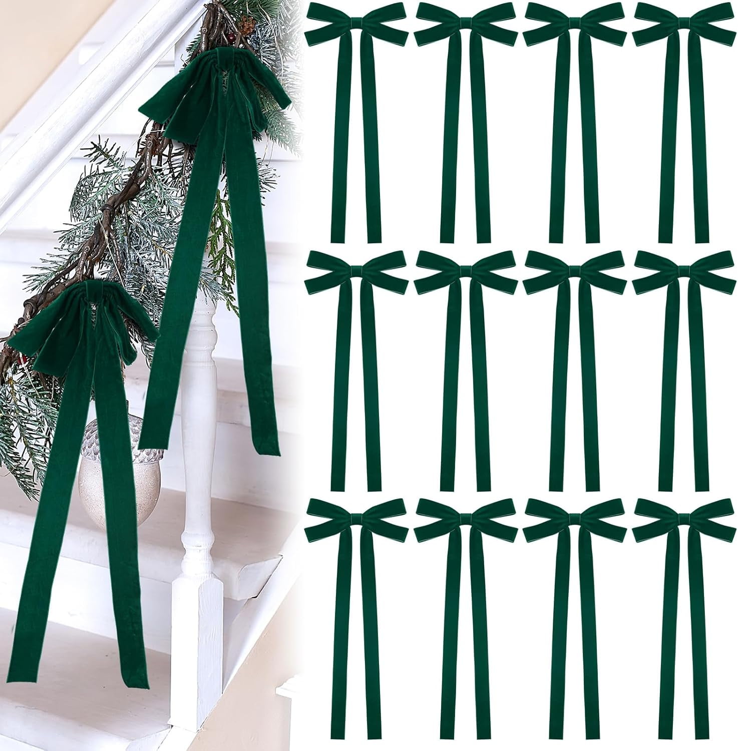 Stairs, Mirror, Door (Green), 12 Pcs 10 X 24inch Velvet Christmas Bow ...