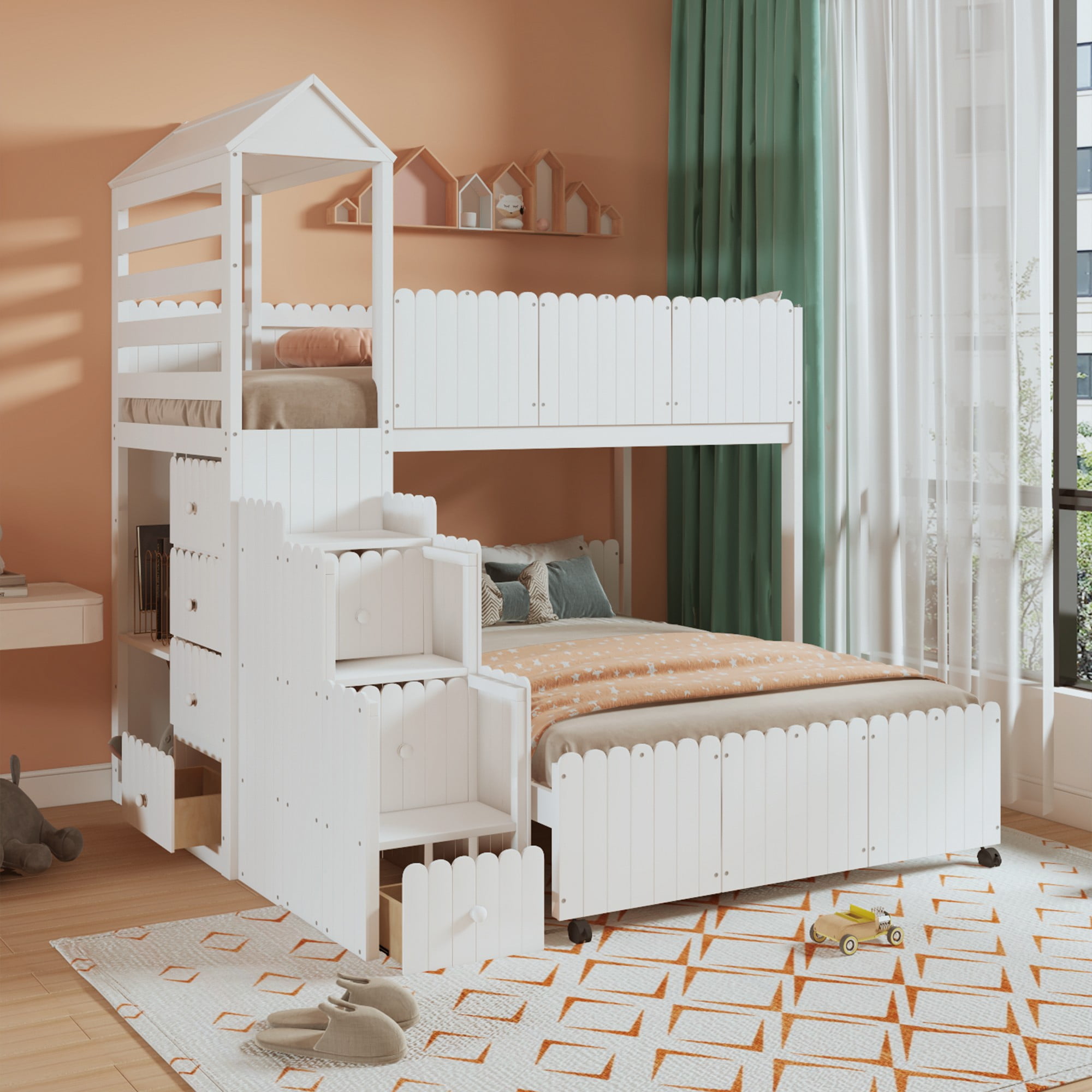 Stairway Twin Over Full Bunk Bed, House Bed with Two Shelves and Seven ...