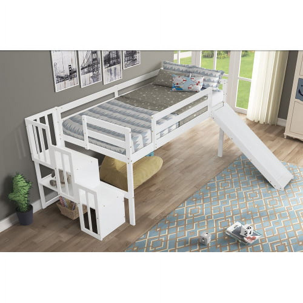 Stairway Twin Size Loft Bed, Wood Bed Frame with Storage Staircase and ...