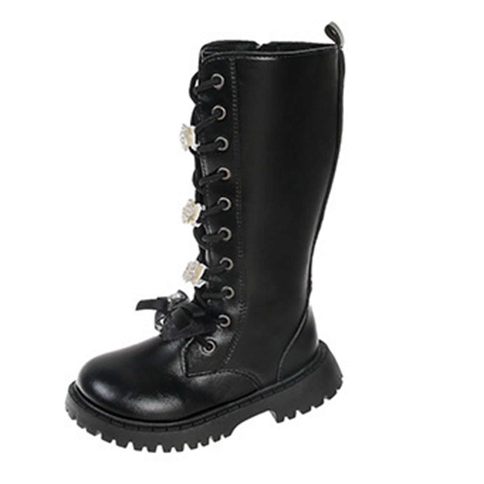 Staki Lace up Boots for Kids Girls Knee High Lace Up Side Zipper Mid ...