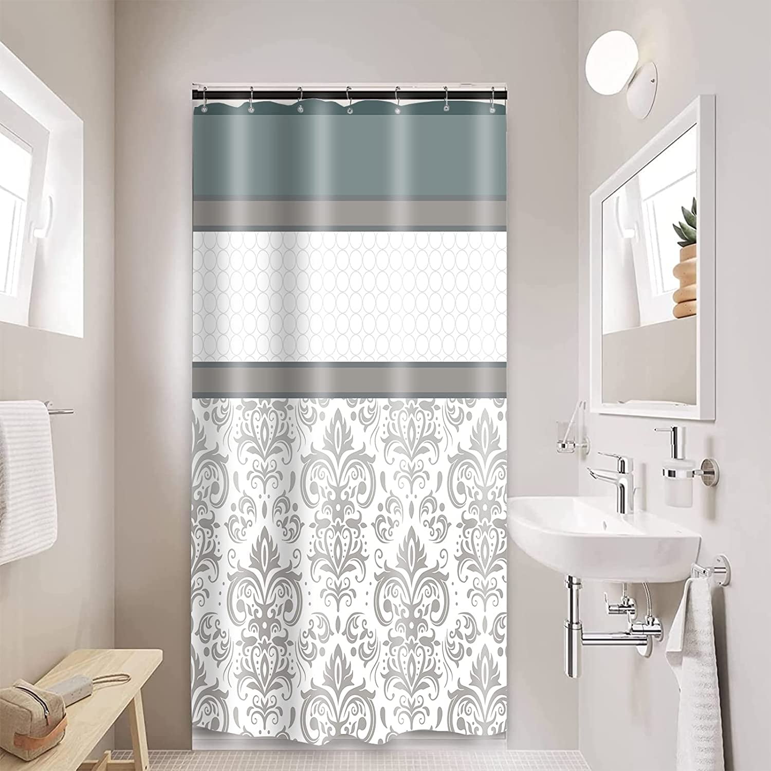 Stall 36x72 Bobo Farmhouse Shower Curtain Set Grey White Moroccan Bath ...