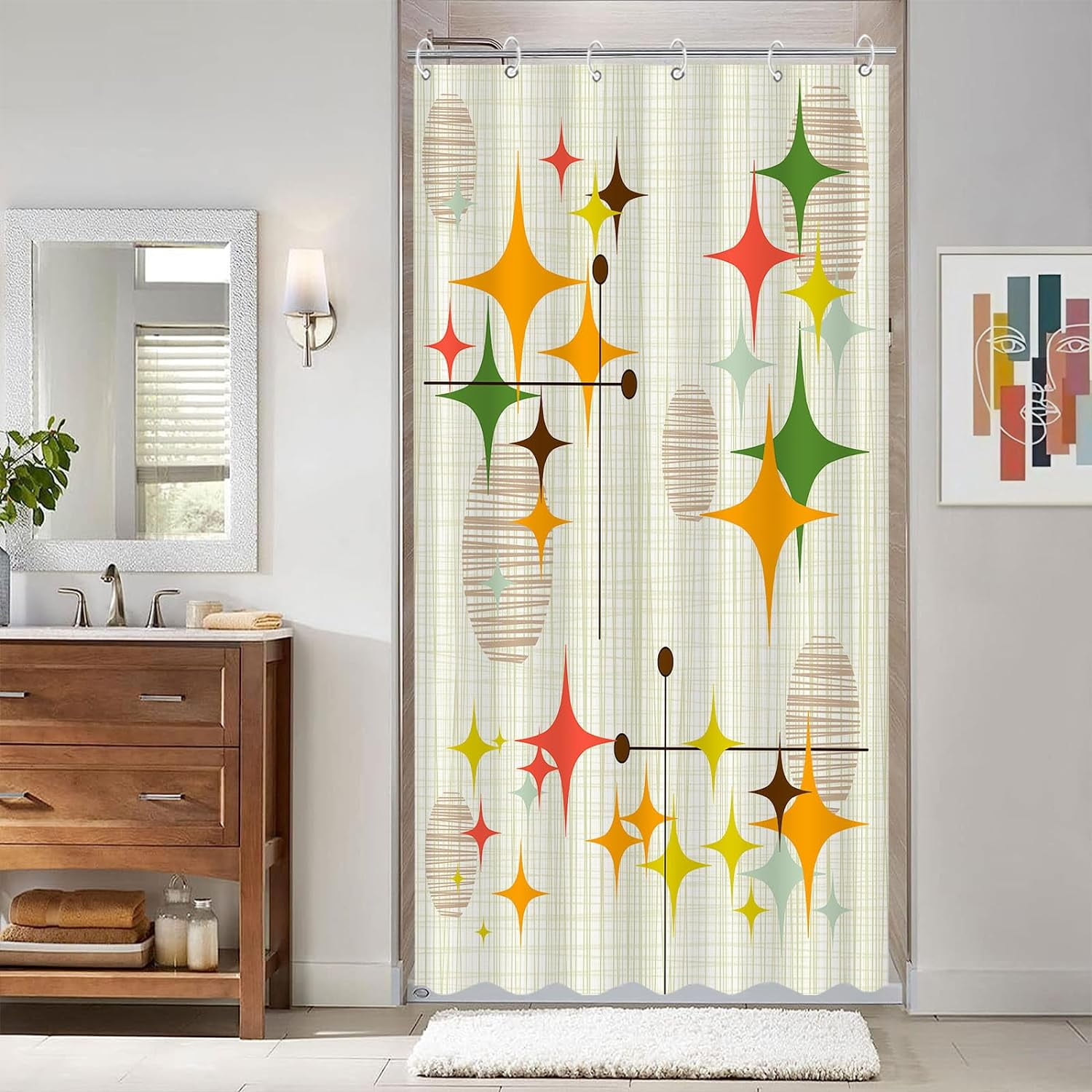 Stall Mid Century Modern Shower Curtain Retro Stars Shower Curtains for Bathroom Abstract ...