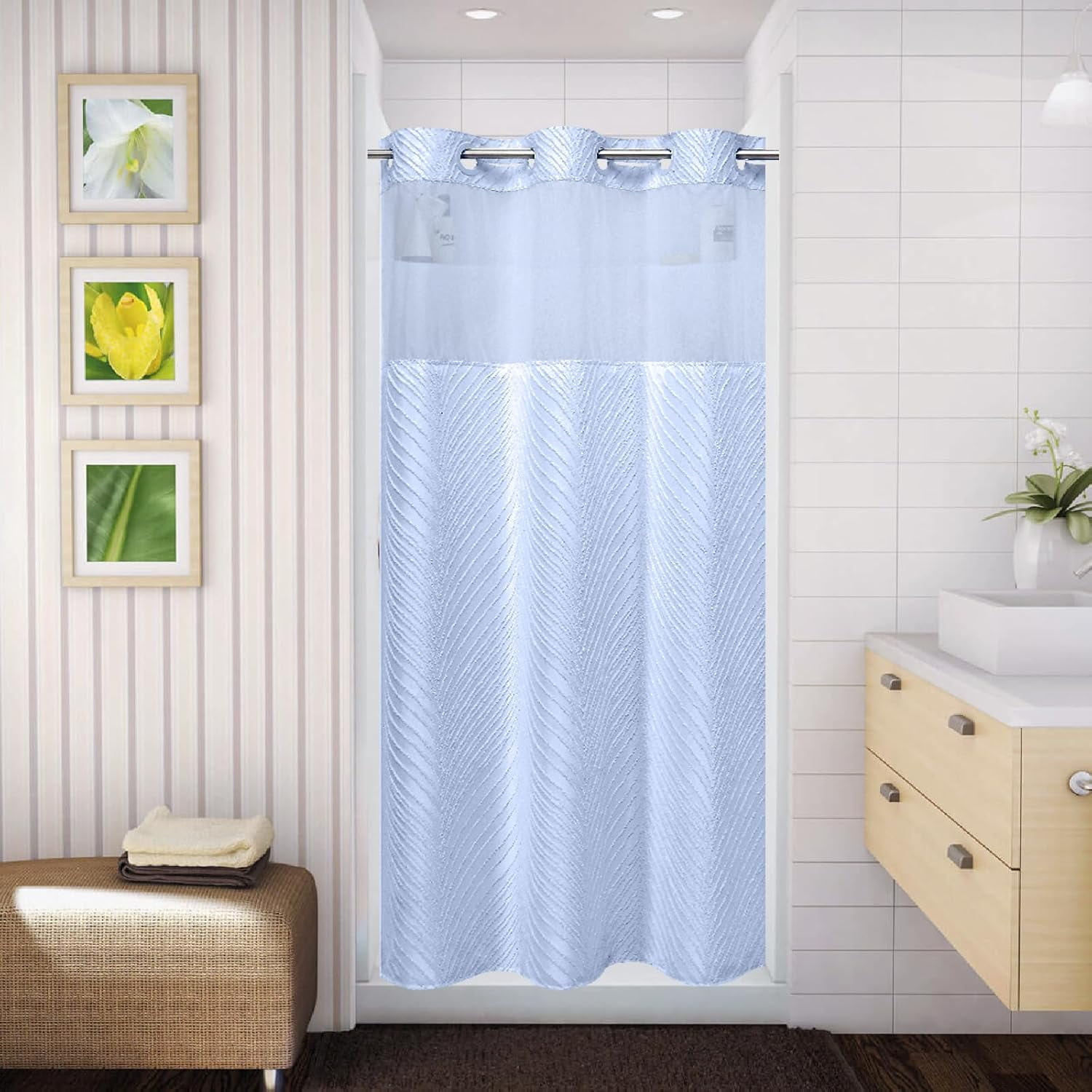 Stall No Hook Tufted Shower Curtain with Snap-In Liner Set, White Waterproof Fabric Inner Liner ...