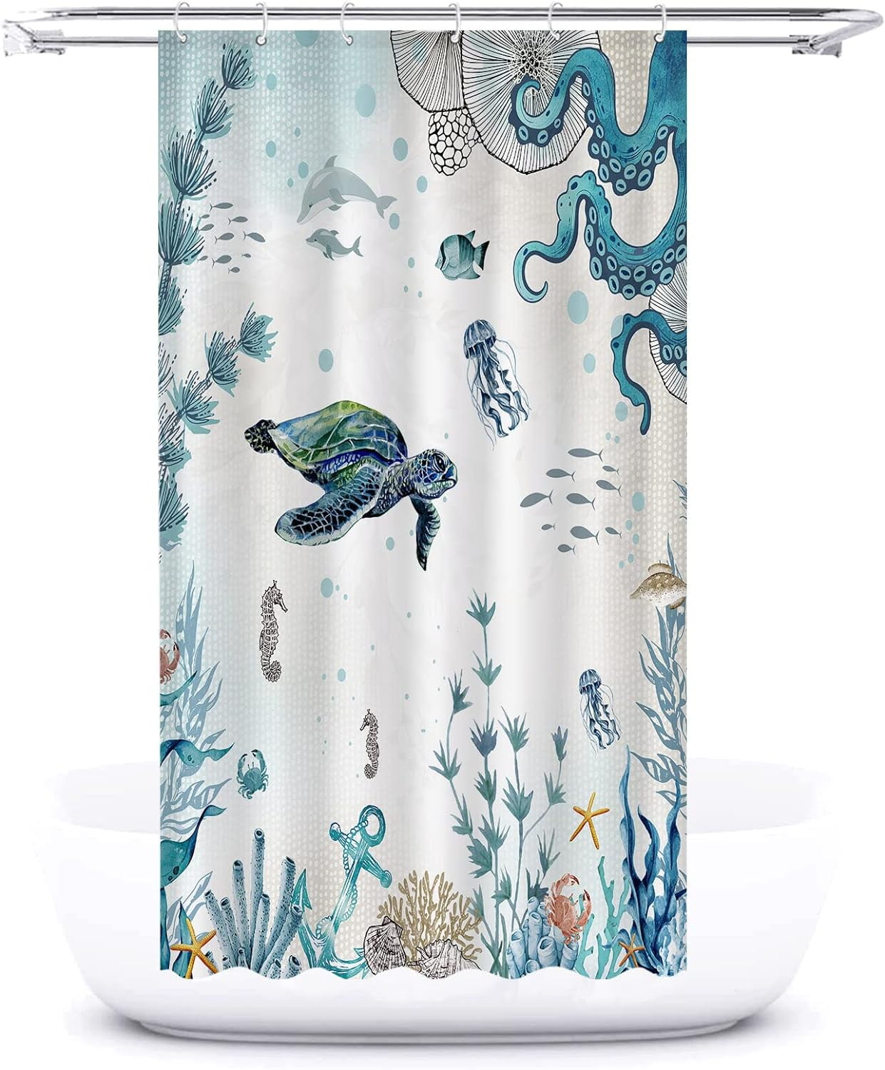 Stall Sea Turtle Octopus Shower Curtain Blue Teal Waterproof Fabric ...