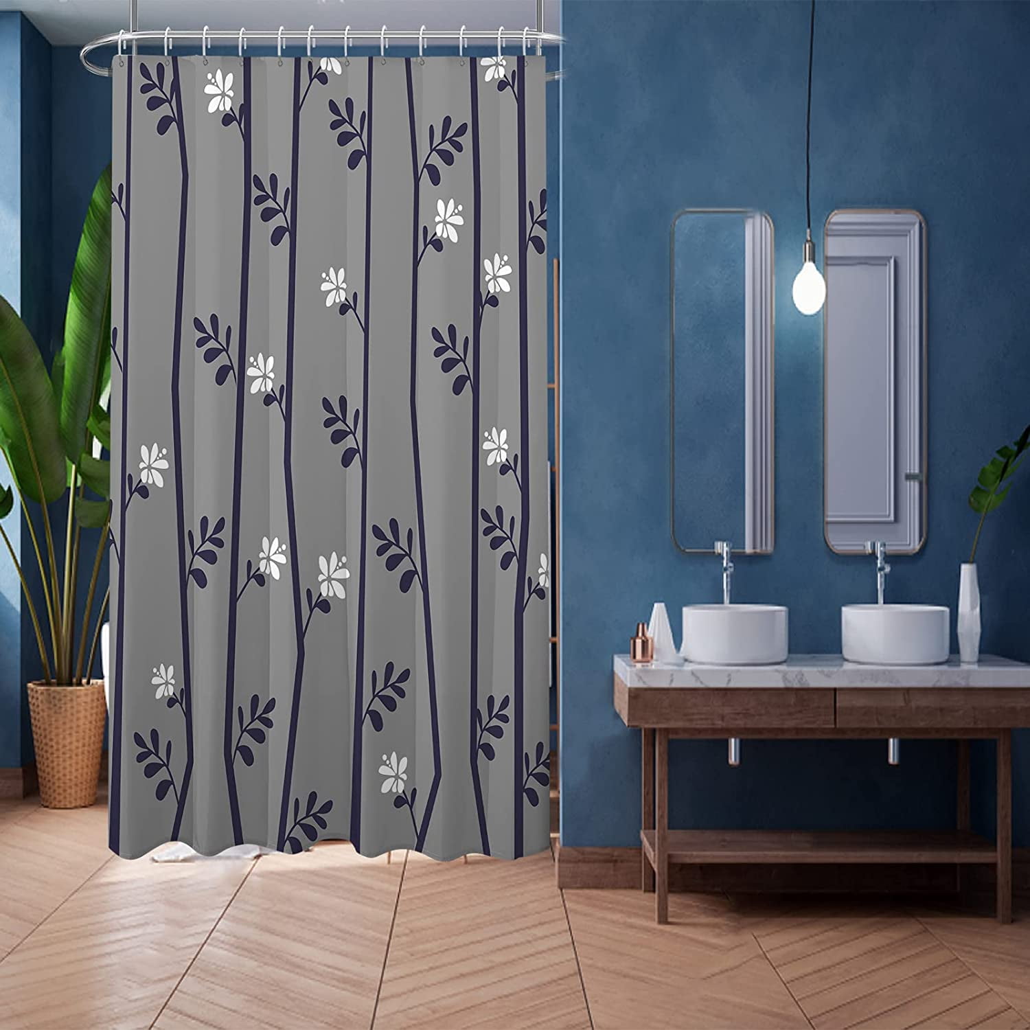 Stall Shower Curtain 36Wx72HInch, Dark Grey Branch Floral Minimalist Shower Curtain Set for ...
