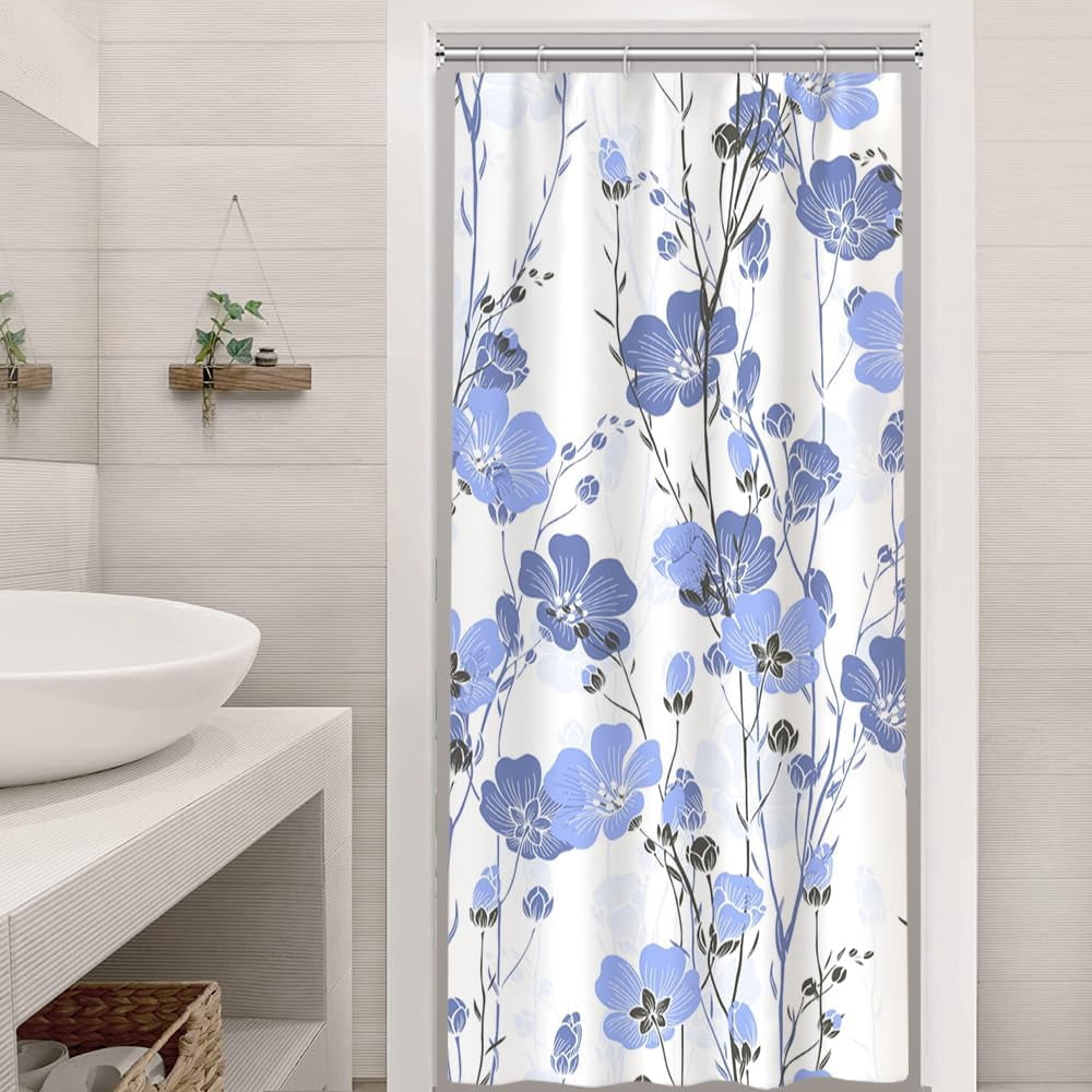 Stall Shower Curtain, Aesthetic Blue Floral Small Shower Curtain Set ...