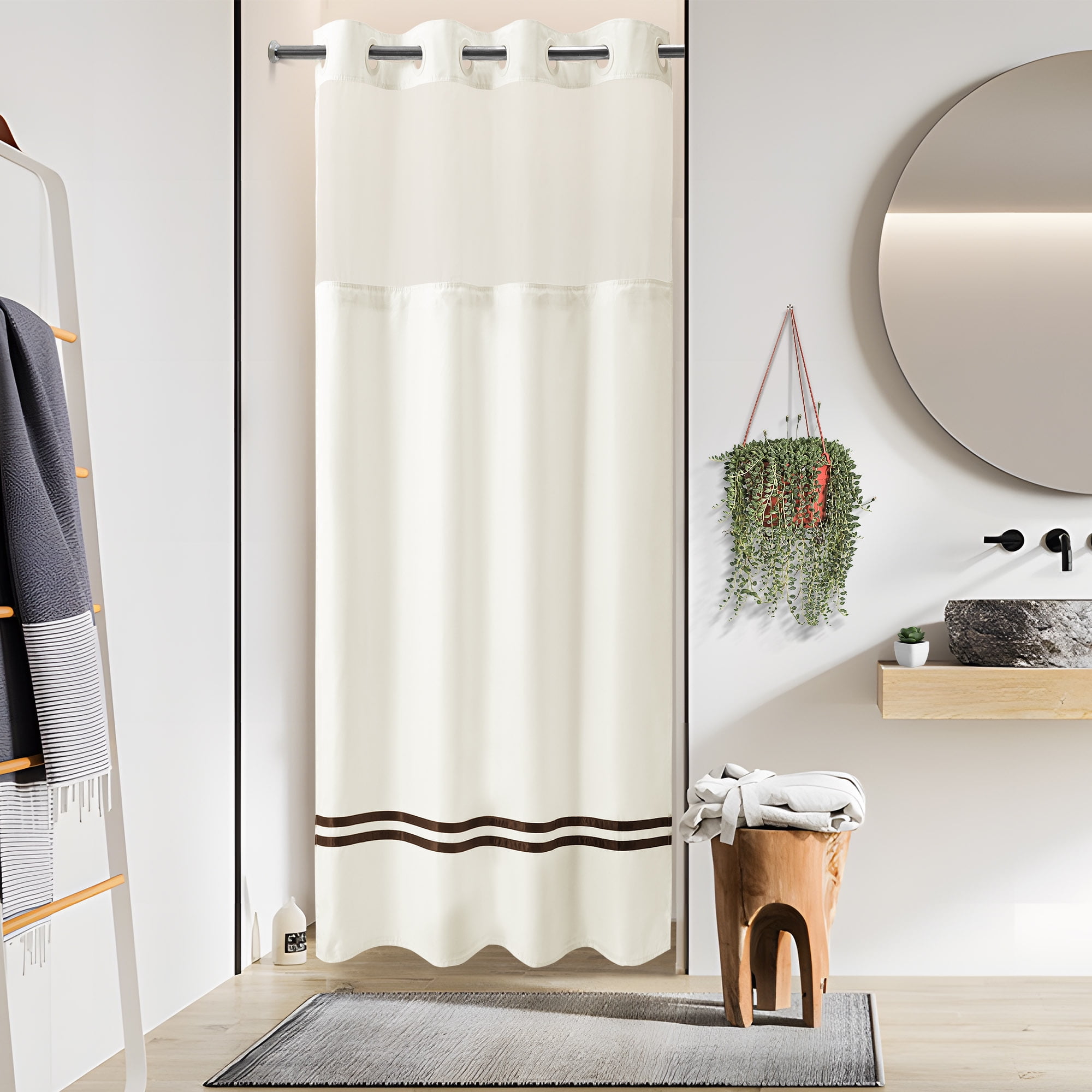 Stall Shower Curtain with Snap-in Liner, No Hooks, Sheer Window, with ...