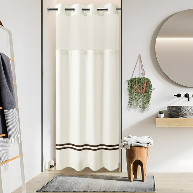 Stall Shower Curtain with Snap-in Liner, No Hooks, Sheer Window, with ...