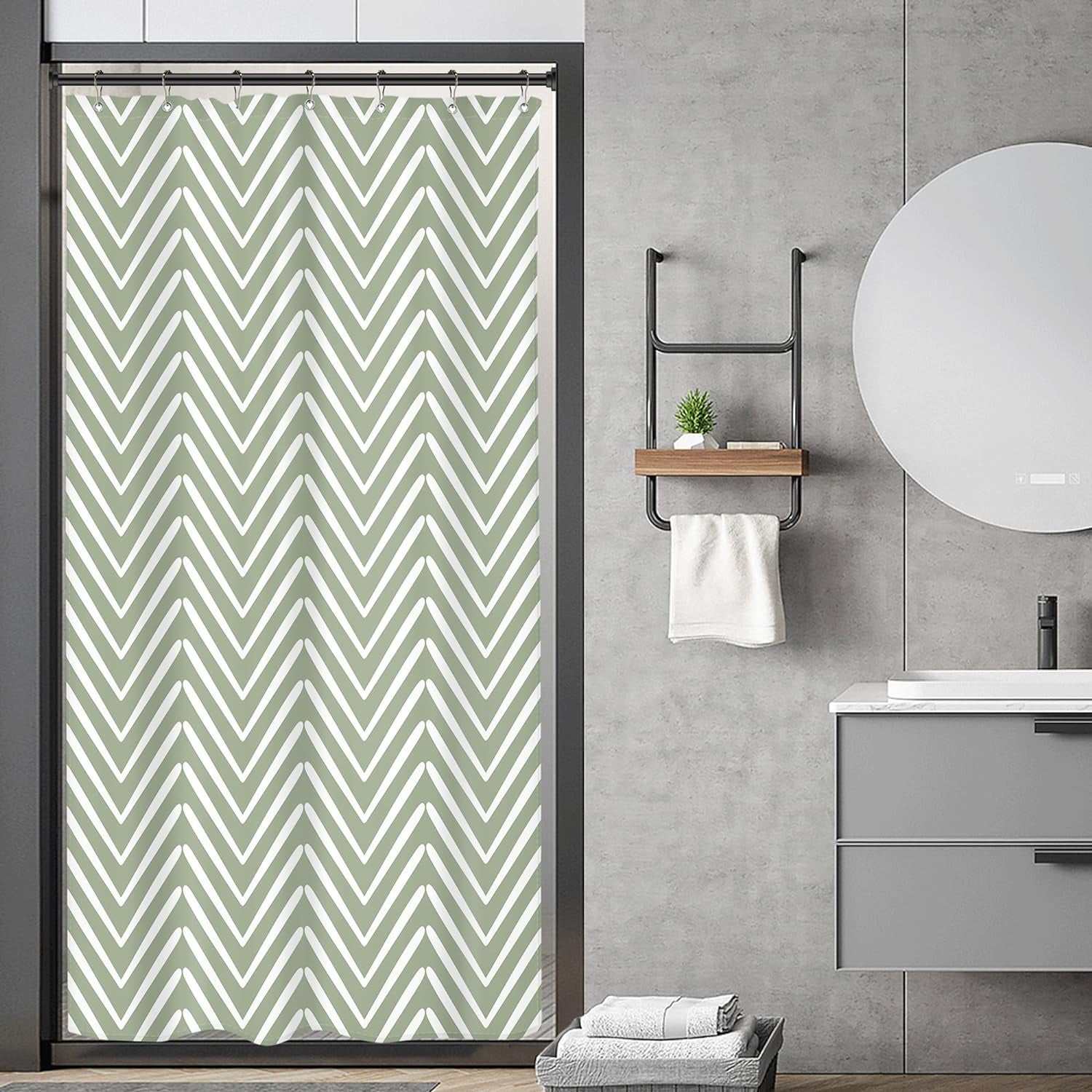 Stall Small Sage Green White Chevron Shower Curtain Boho Modern Striped ...