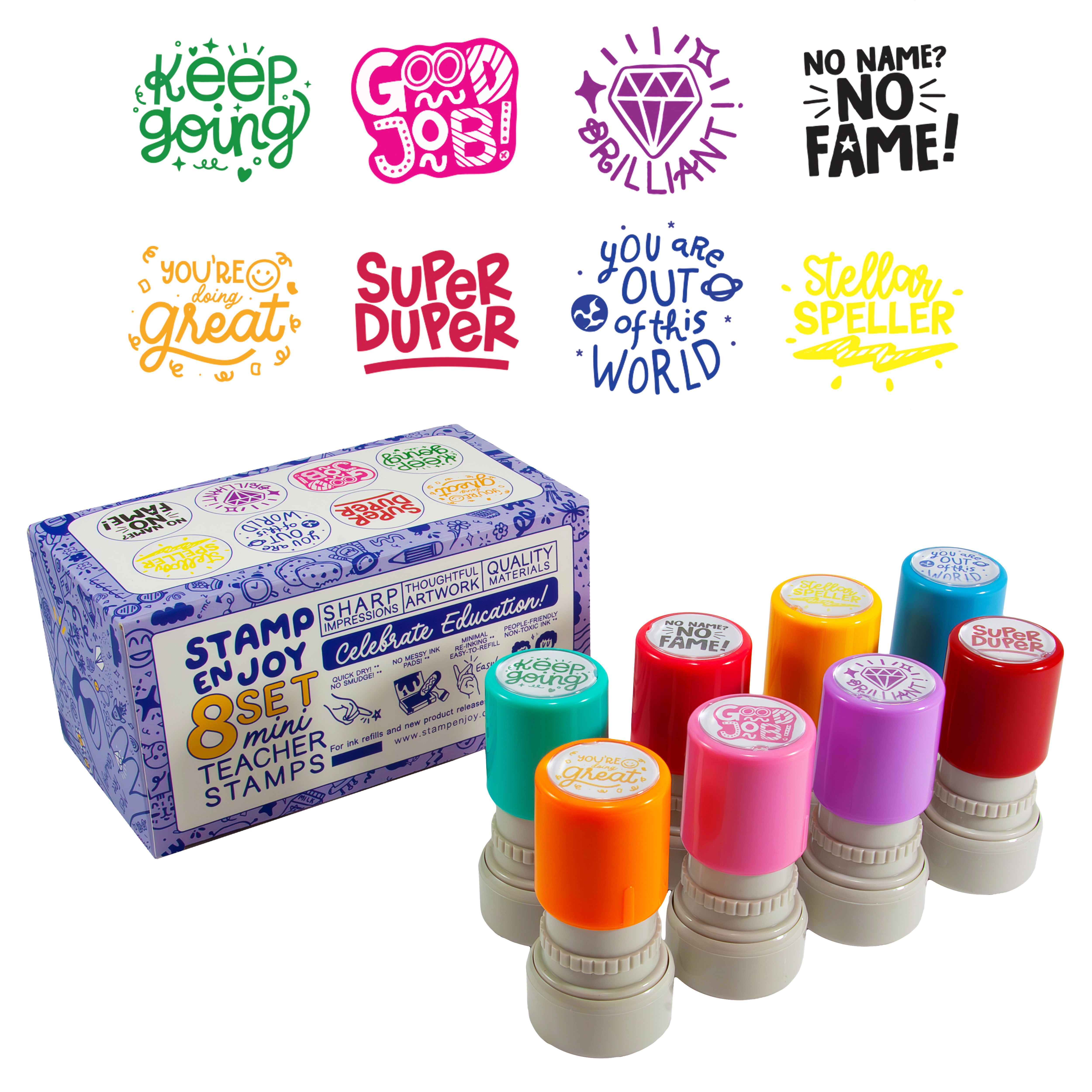 Stamp Enjoy - 8 Self-Ink Flash Stamp Set, Multicolor Teacher Stamps ...