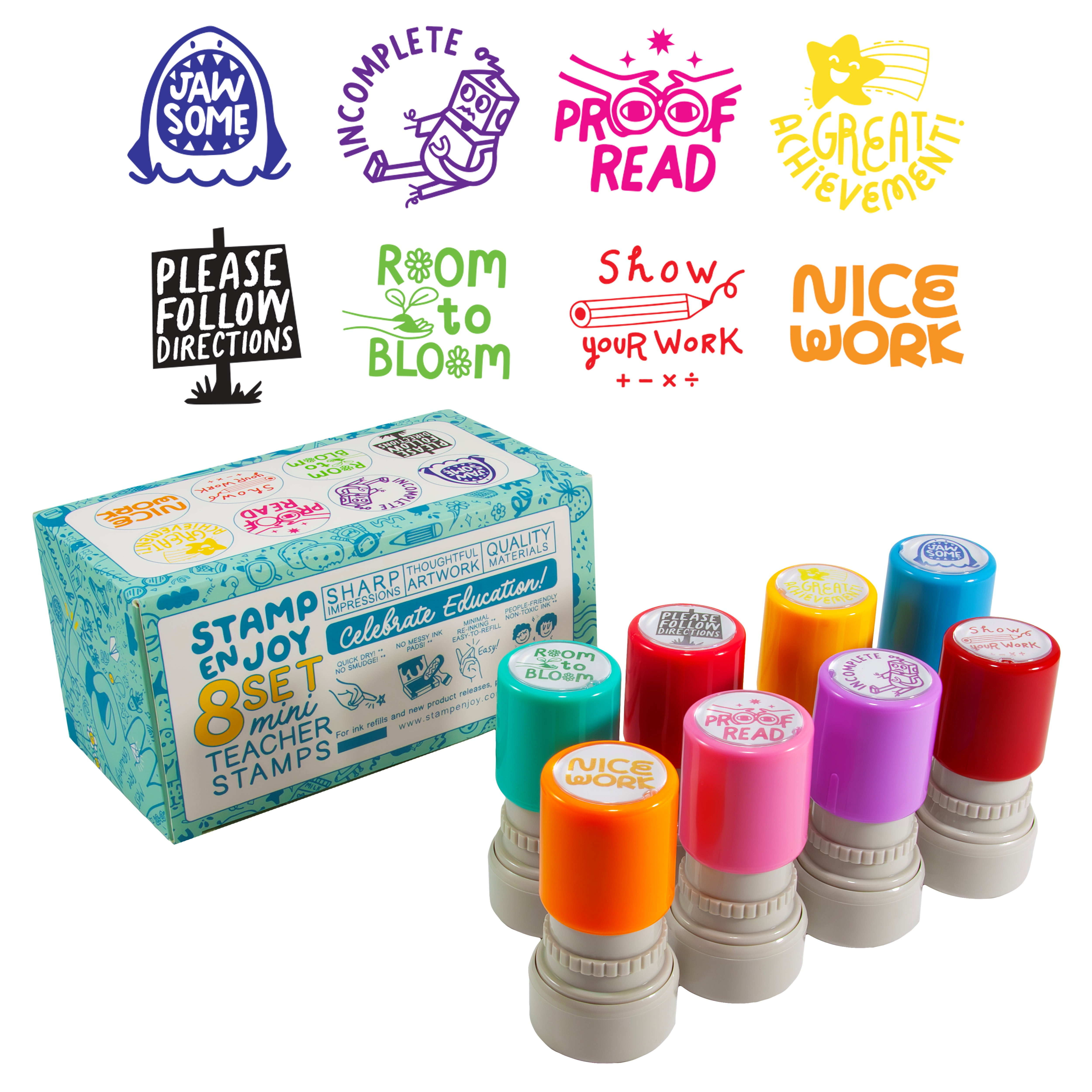 Stamp Enjoy - 8 Self-Ink Flash Stamp Set, Multicolor Teacher Stamps ...