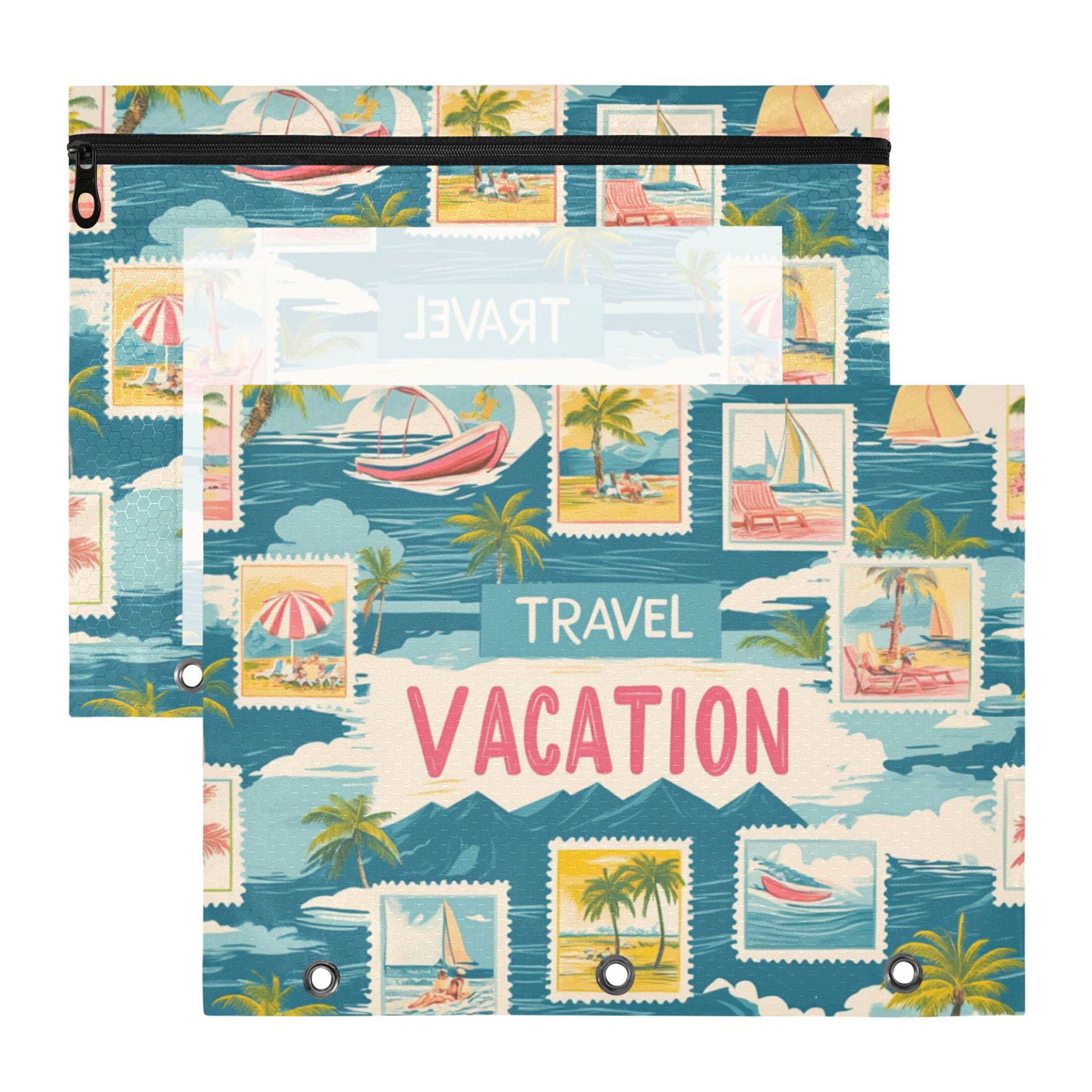 Stamps Coconut Trees Waves 3-Ring Binder Pouches A4 Size Zipper Pocket ...