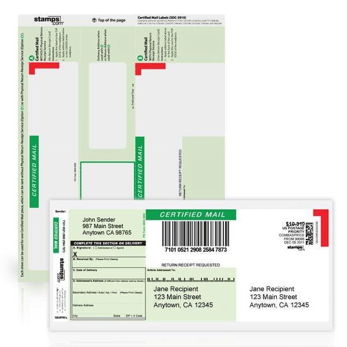 Stamps.com Certified Mail Printable Labels with Return Receipt, 25 Sheets, Laser Compatible ...