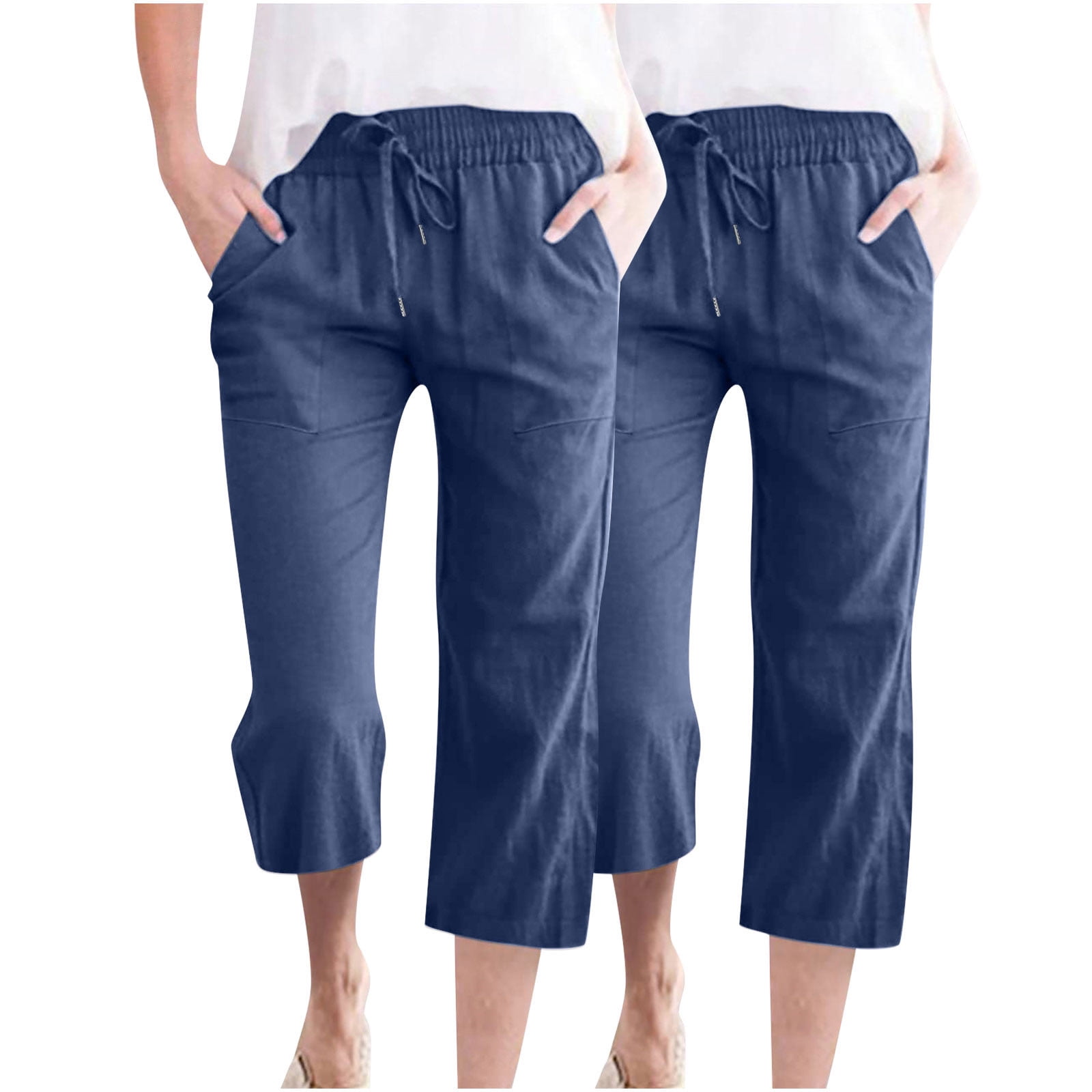 Stamzod 2PC Cropped Pants for Women Summer Solid Color Cotton and Linen ...