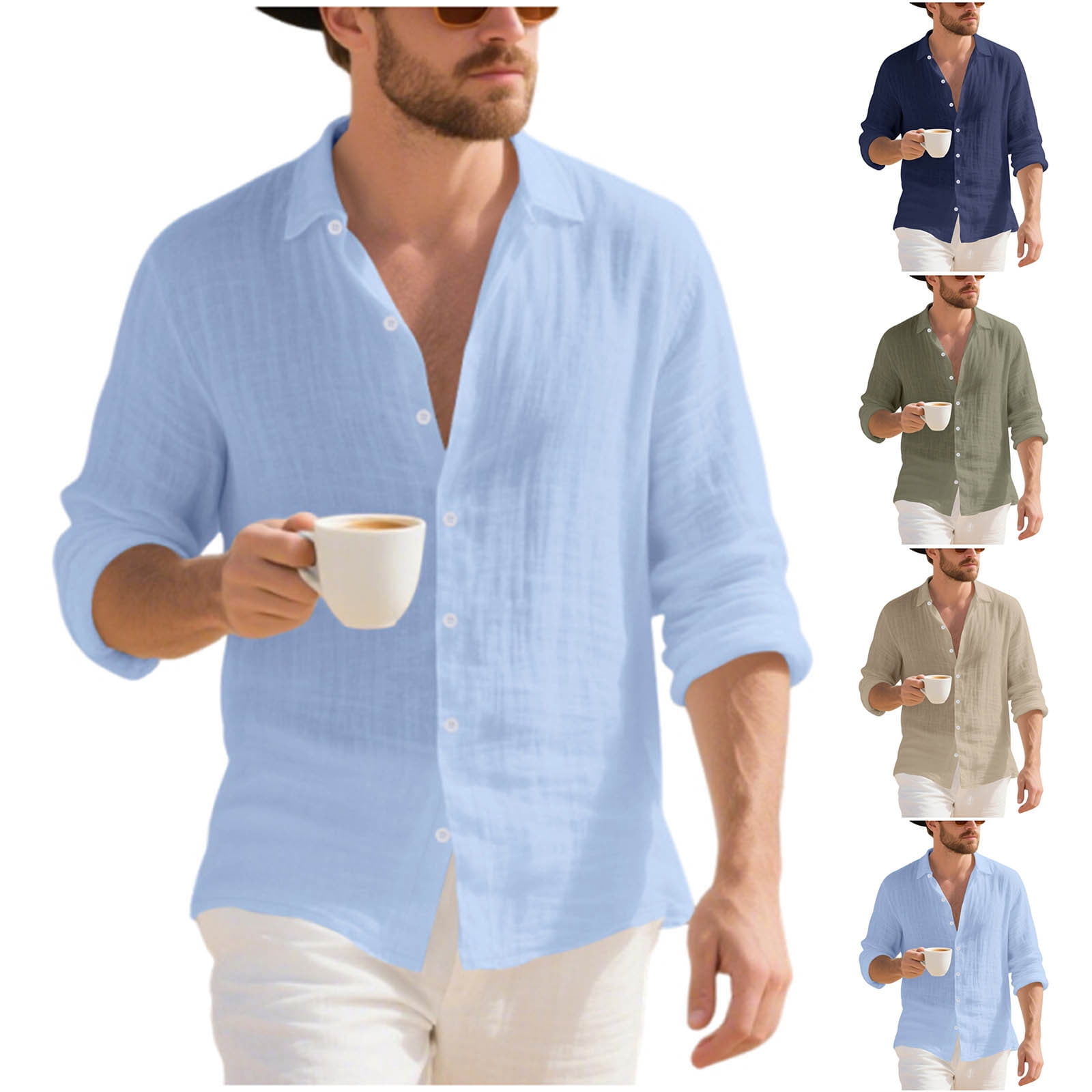 Stamzod Beach Shirts for Men Solid Color Long Sleeve Flax Button Down ...