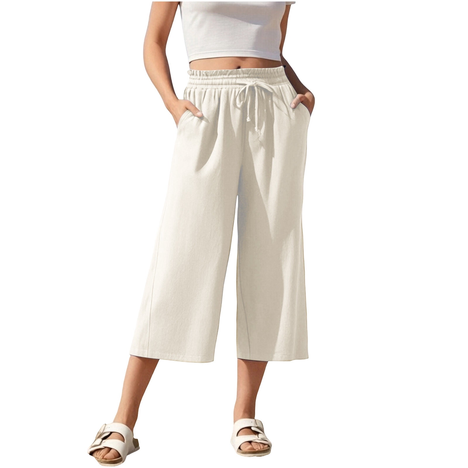 Stamzod Capri Pants for Women Summer Elastic Waist Wide Leg Capris ...
