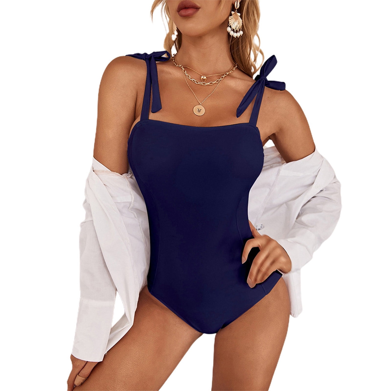 Stamzod Elegant Navy Blue Onepiece Swimsuit Tie Tummy Tucks Onepiece
