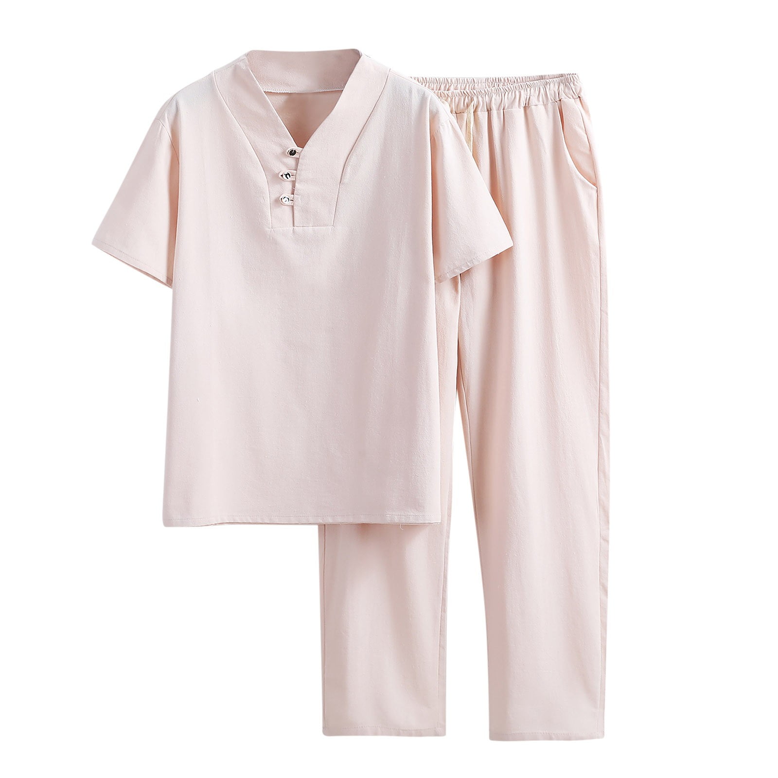 Stamzod Men's 2 Piece Linen Set Short Sleeve Button V Neck Shirt and ...