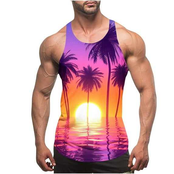 Stamzod Men's Hawaiian Muscle Shirt Plam Printing Casual Sleeveless ...
