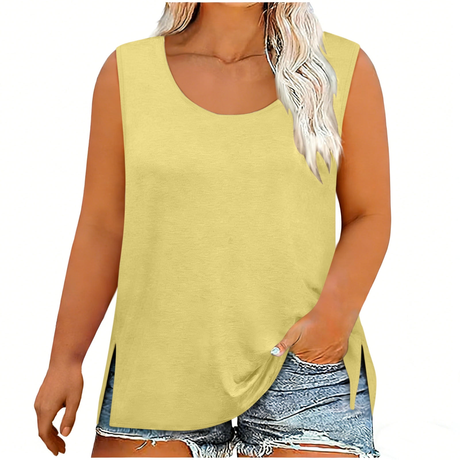 Stamzod Plus Size Tank Tops for Women Solid Color Side Split Summer ...
