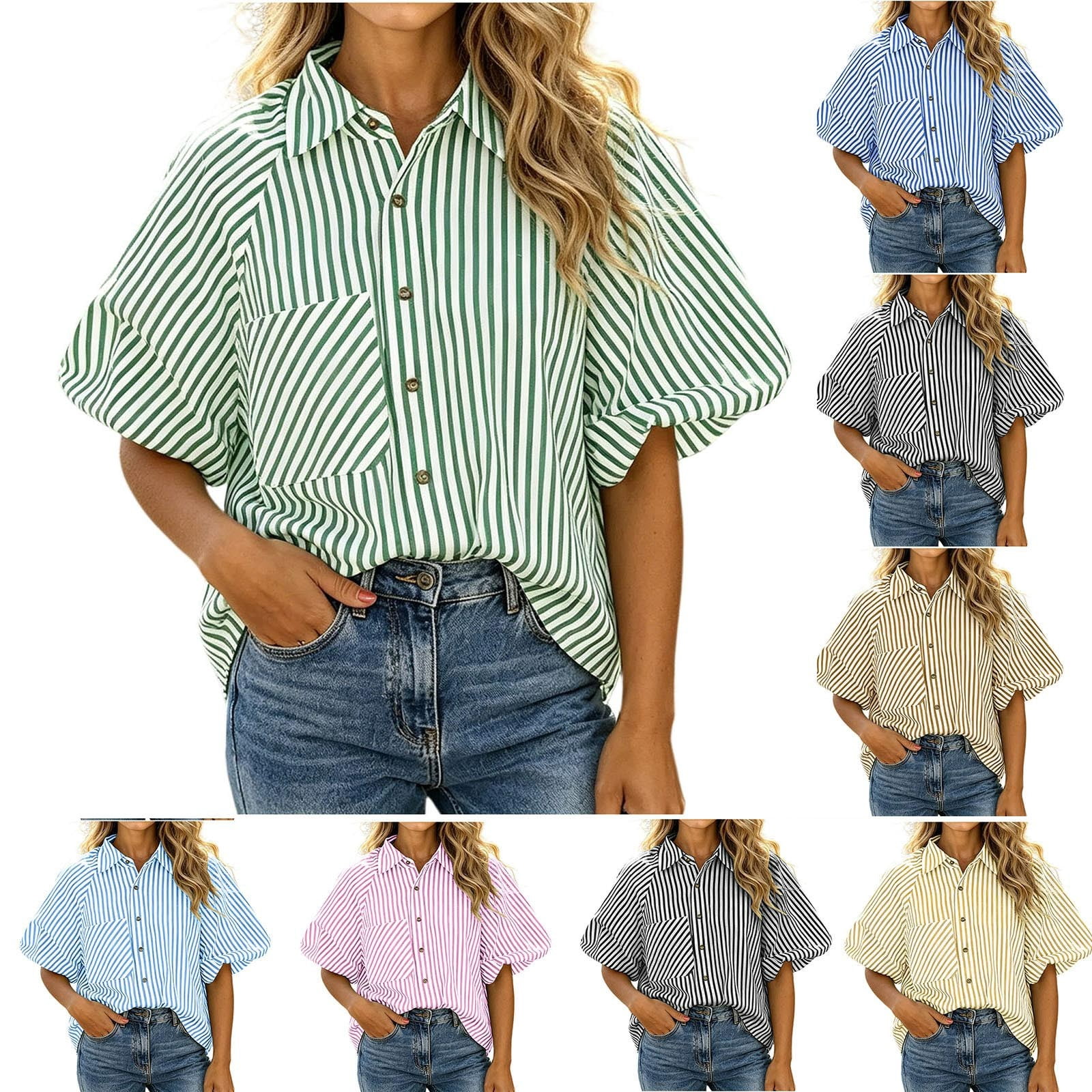 Stamzod Summer Striped Shirt Women Puff Sleeve Button Down Shirts ...