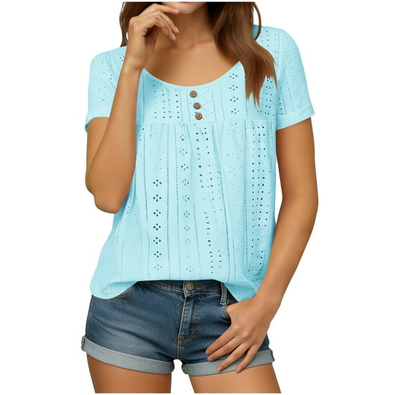 Stamzod Summer Tops for Women Trendy 2026 Solid Hollow Out Short Sleeve ...