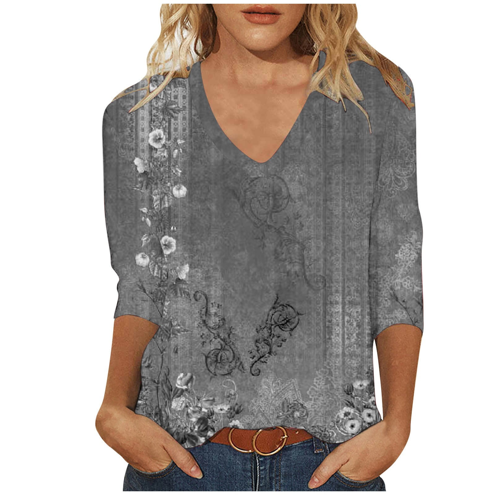 Stamzod Women's Blouses Fashion Vintage Ethnic Style V-Neck 3/4 Length ...