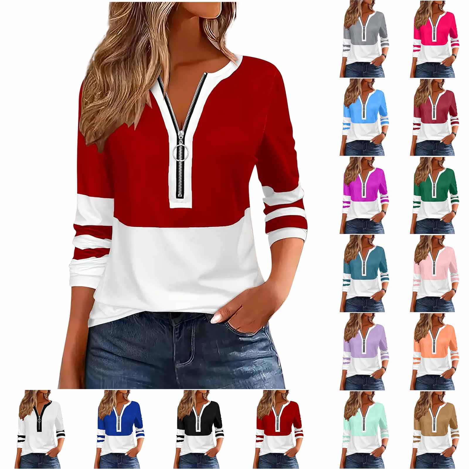 Stamzod Women's Clothing Color Block Quarter Zip Pullover Women Blouses ...