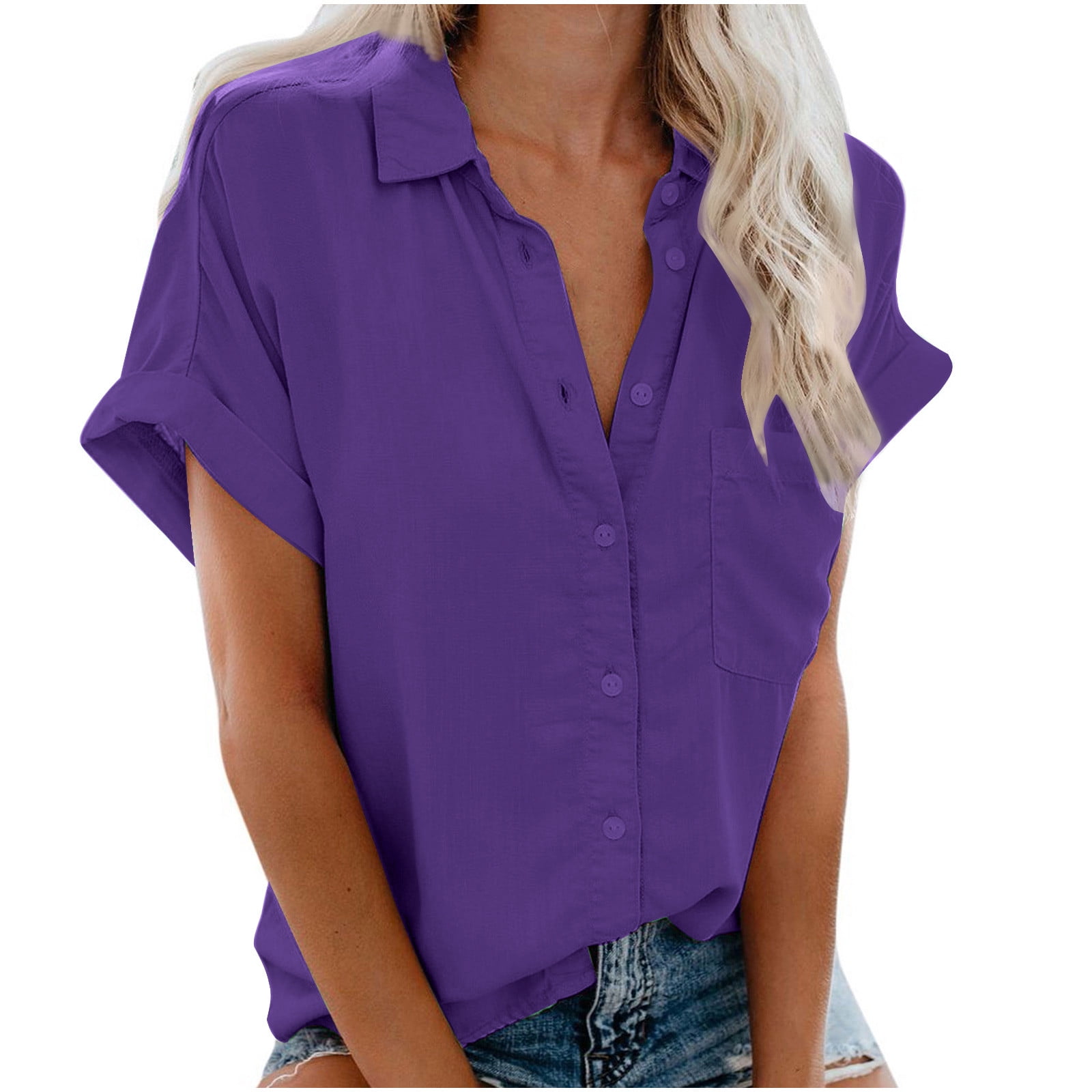Stamzod Womens Short Sleeve Shirts Clearance Solid Color Oversize Women Shirts Dressy Casual ...